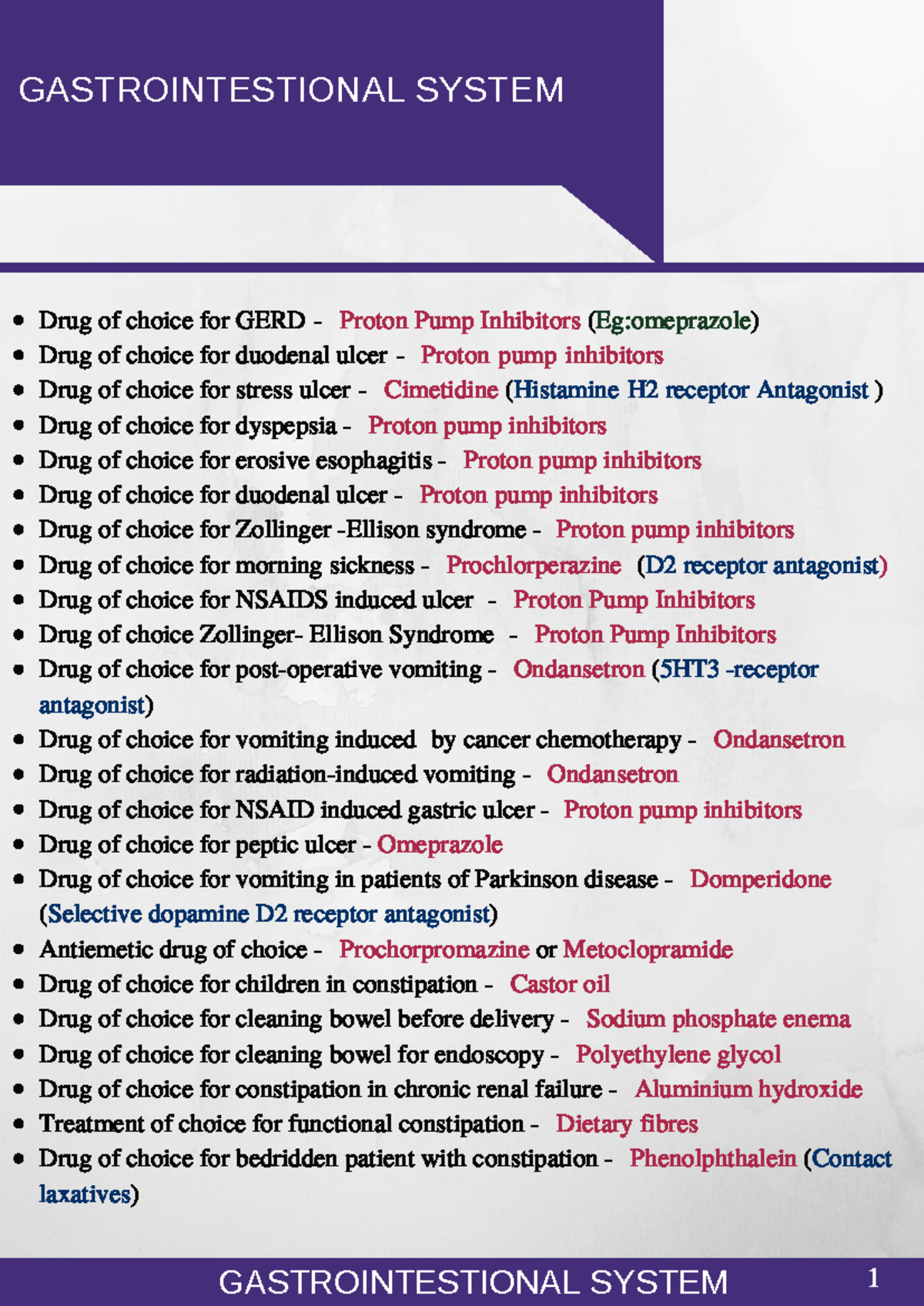 Drug of Choice For Gastrointestinal System - GASTROINTESTIONAL SYSTEM ...