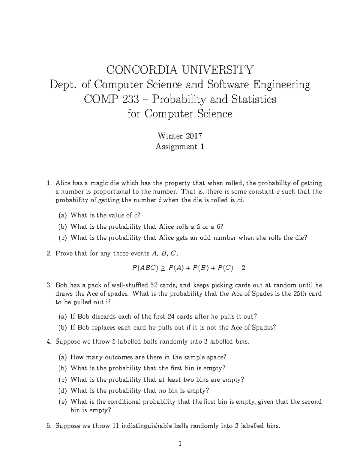Assignment 1 Winter 2018 - CONCORDIA UNIVERSITY Dept. of Computer Science and Software ...