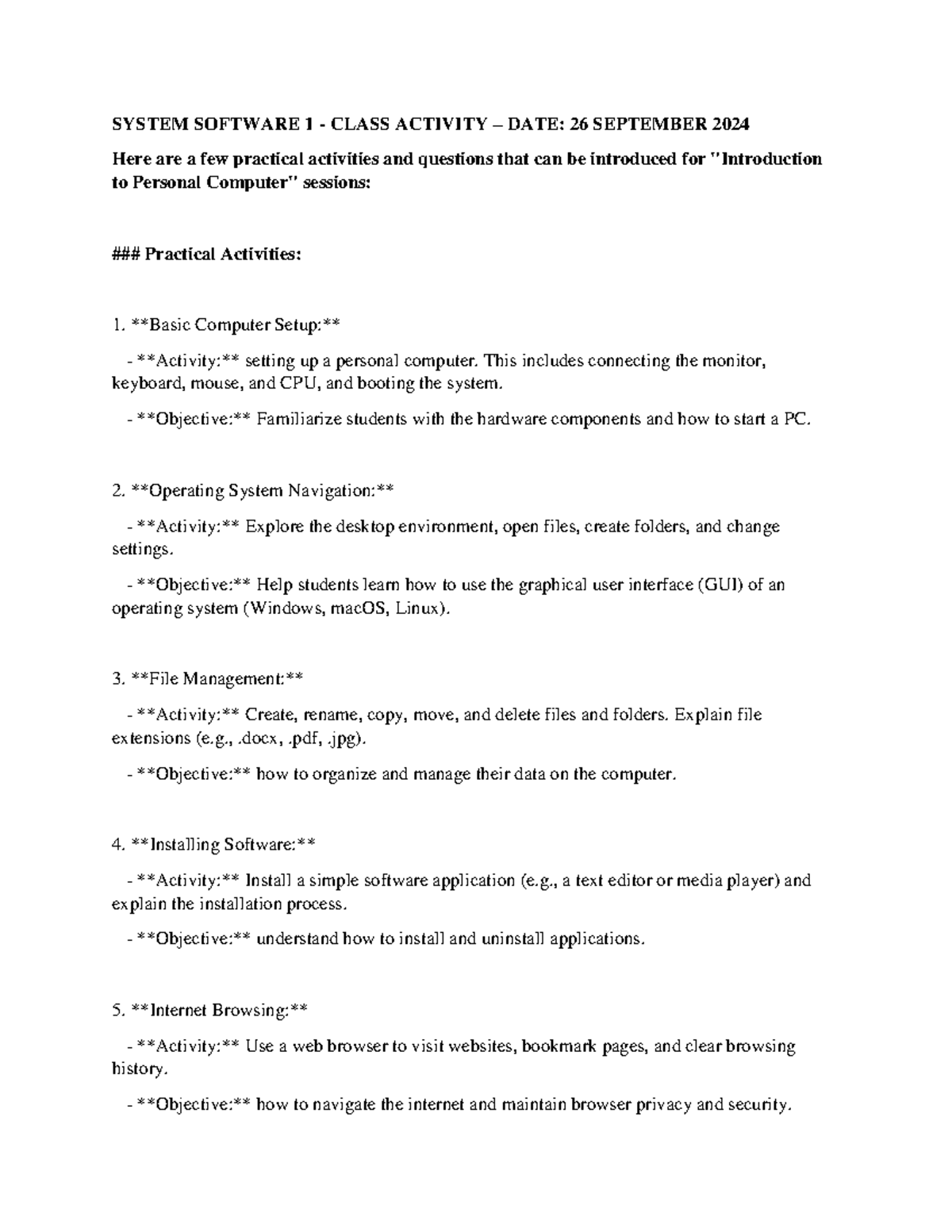 System Software 1 prac 26sep - SYSTEM SOFTWARE 1 - CLASS ACTIVITY ...