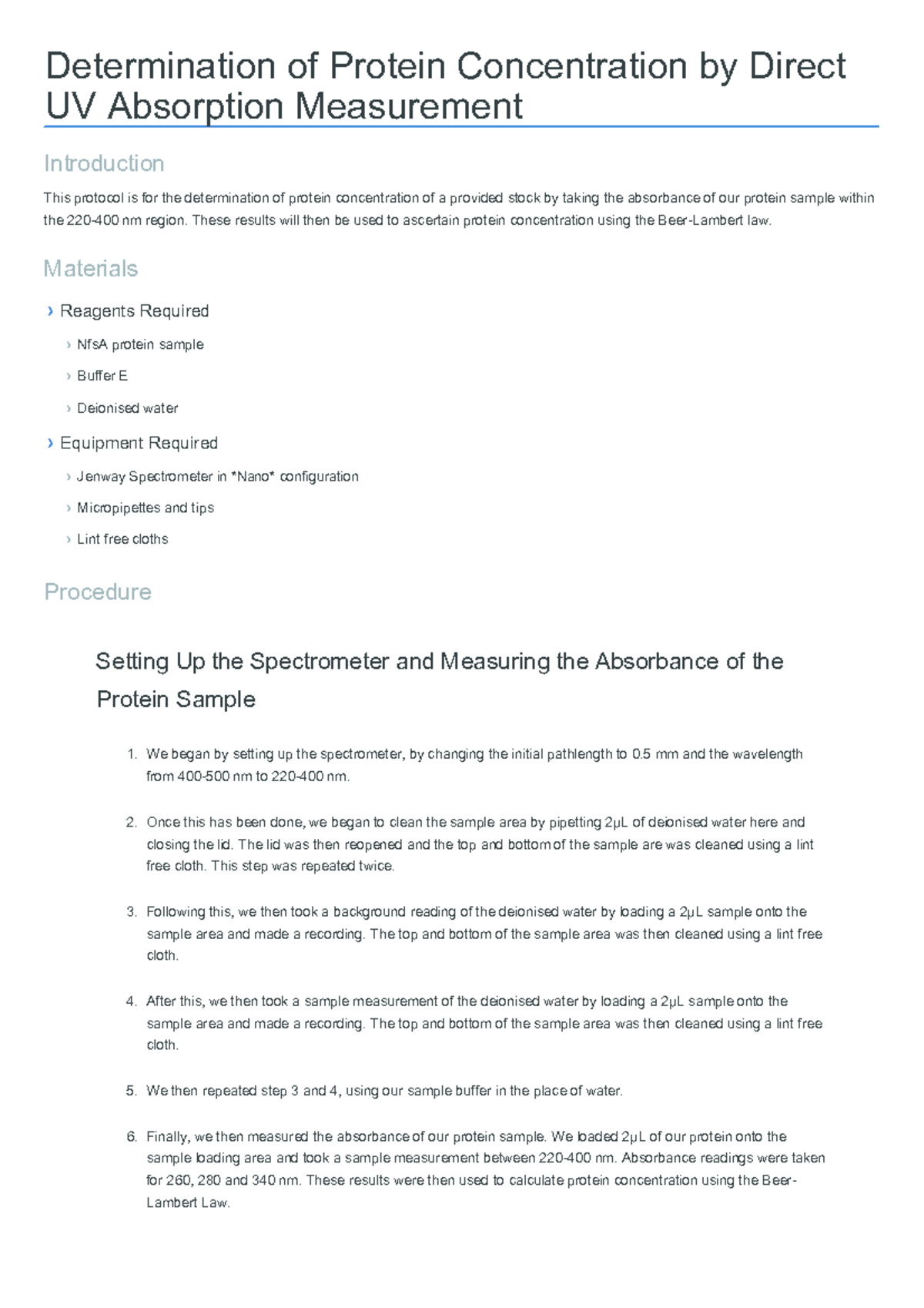 Determination of Protein Concentration by Direct UV Absorption ...