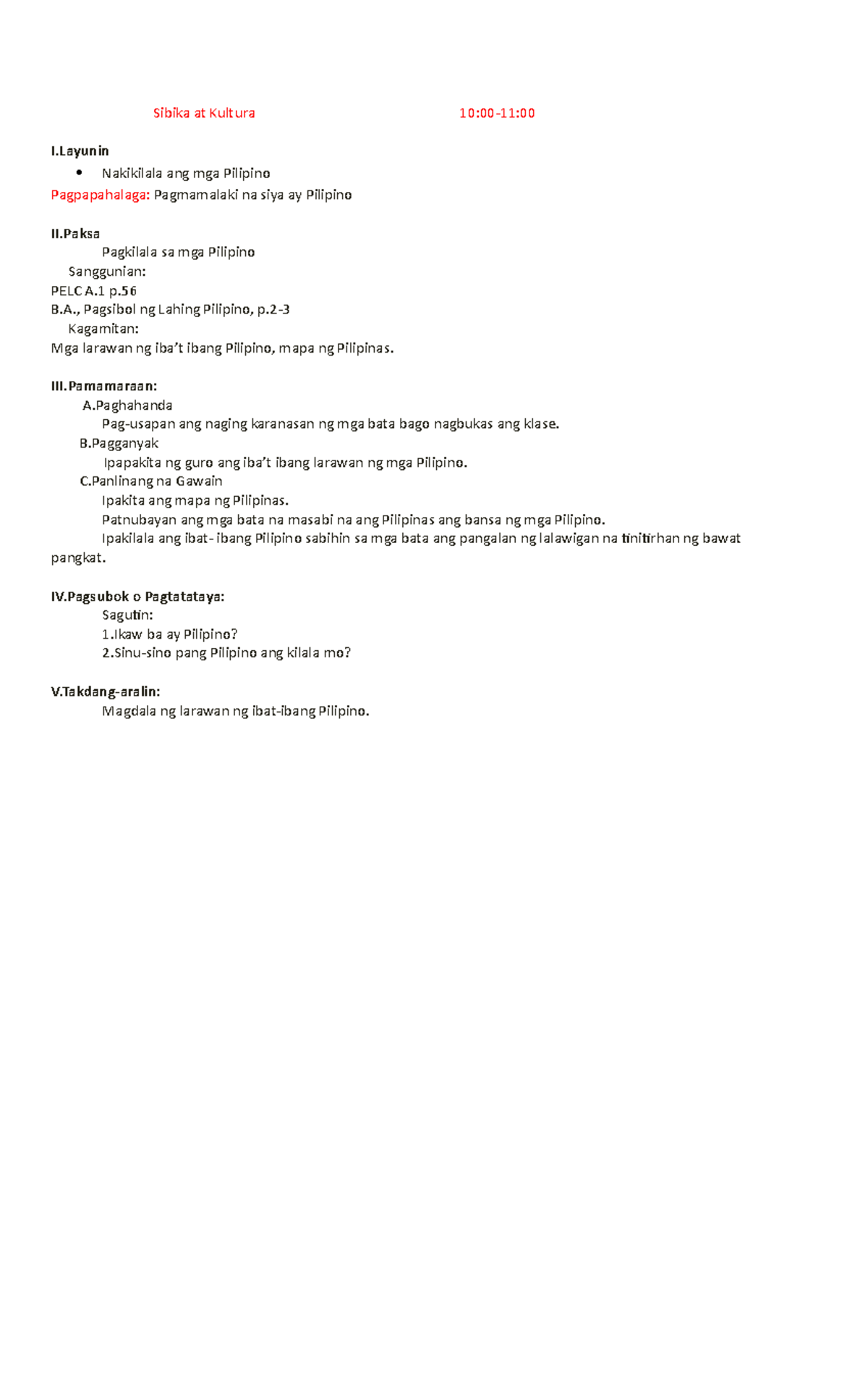Makabayan first - Lesson plan - I Nakikilala ang mga Pilipino ...