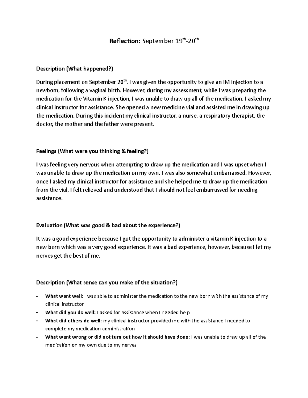 Reflective note on clinical experience - Reflection: September 19th ...