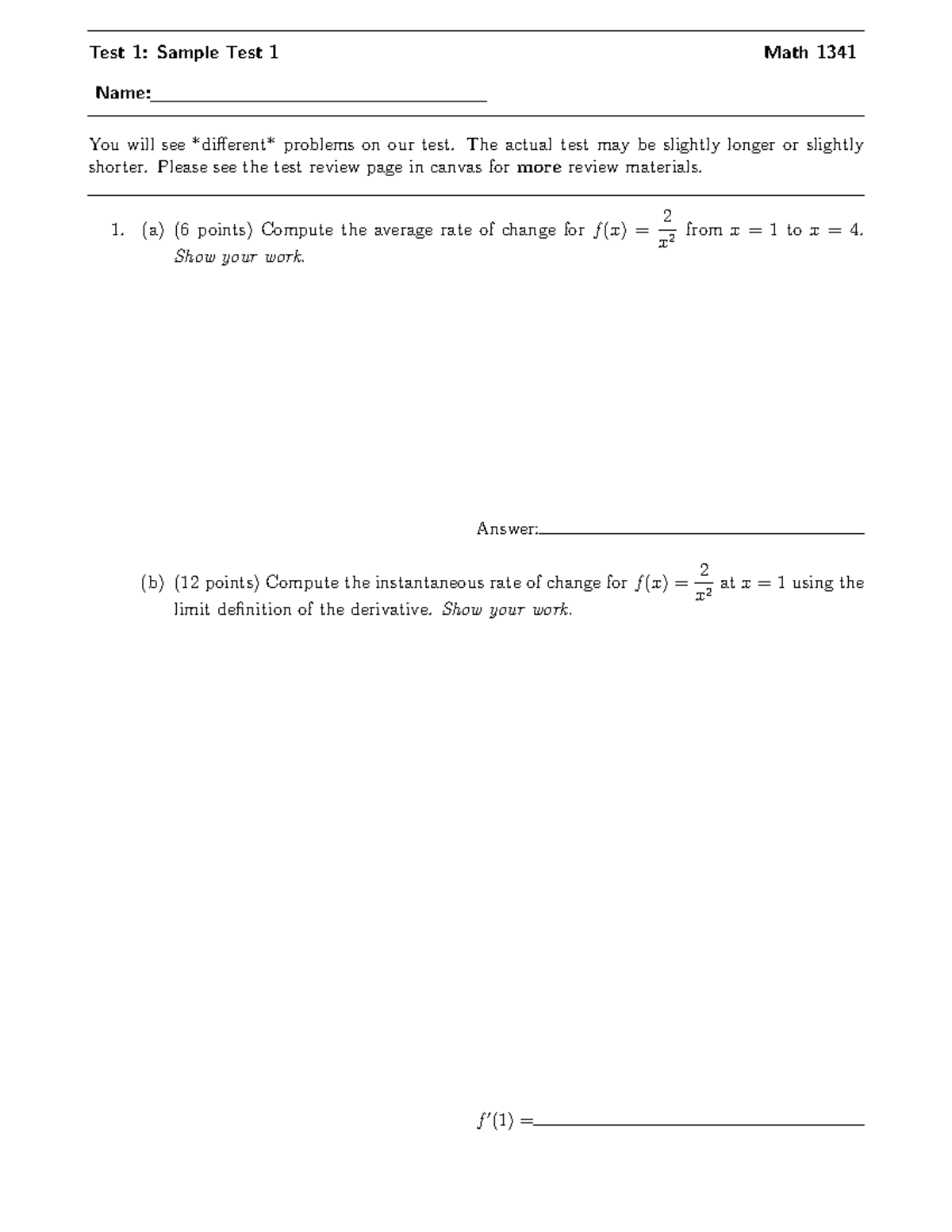 Test1Sample Test 1 - Sample test from Spring 2022 - Test 1: Sample Test ...