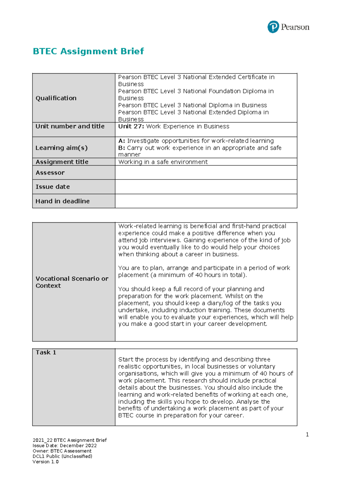 Unit 27 work experience in business authorised assignment brief - BTEC ...
