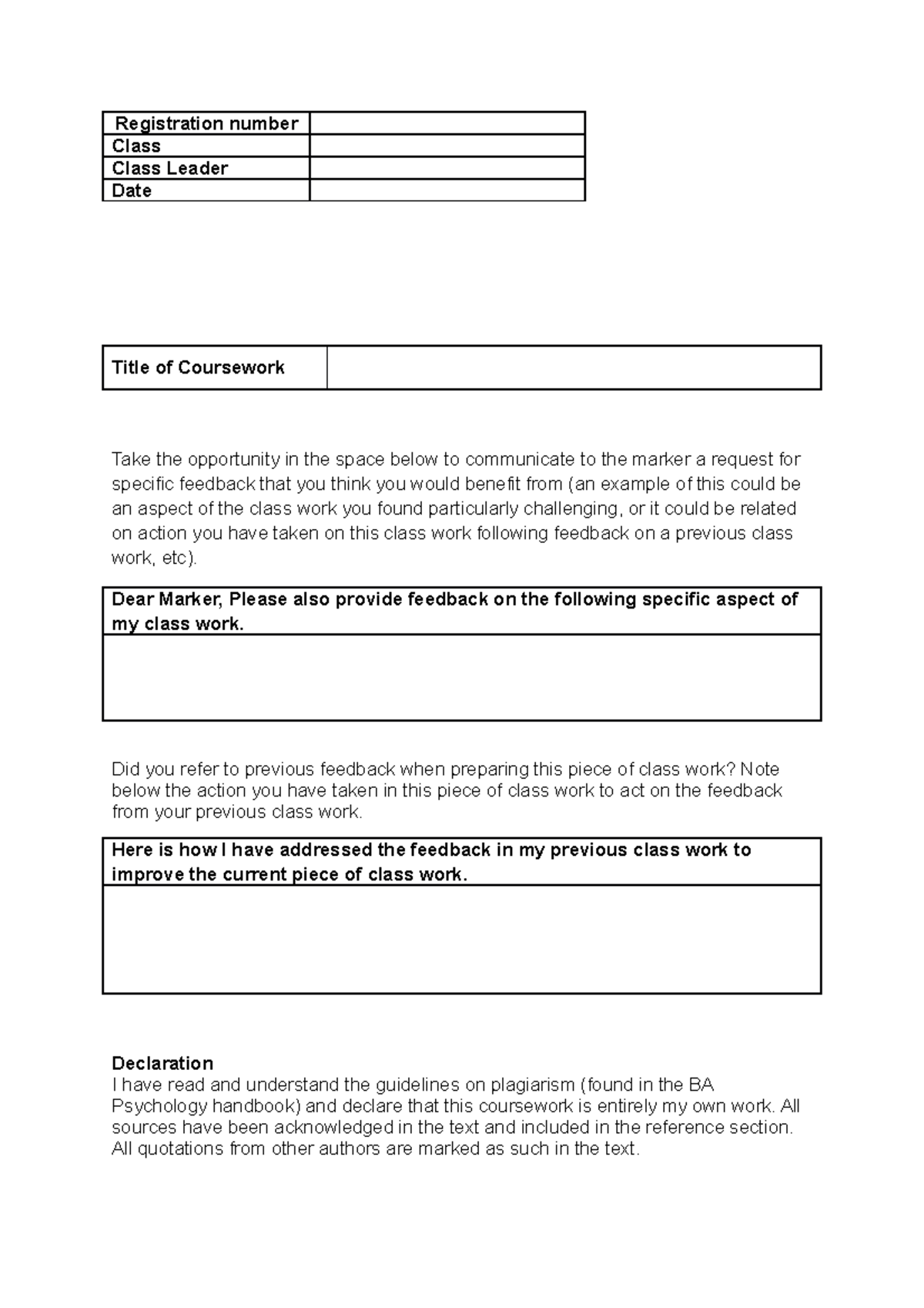 BA Psychology Cover Page - Title of Coursework Take the opportunity in ...