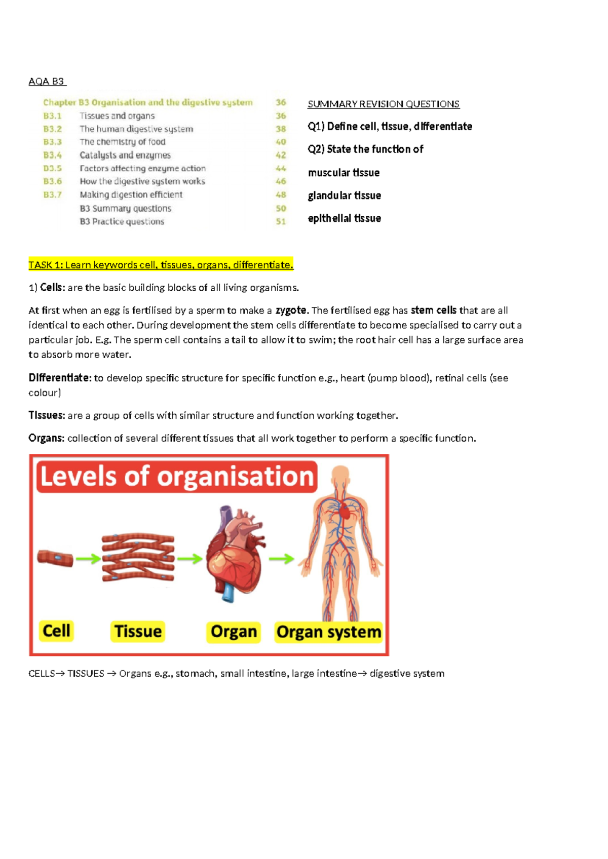 AQA B3 Organisation - nioooooooo - AQA B SUMMARY REVISION QUESTIONS Q1 ...