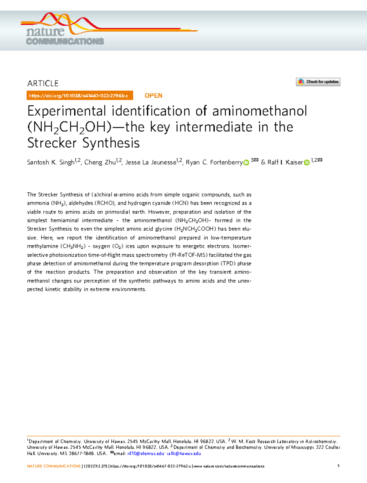 Experimental identification of aminomethanol (NH2CH2OH)—the key ...