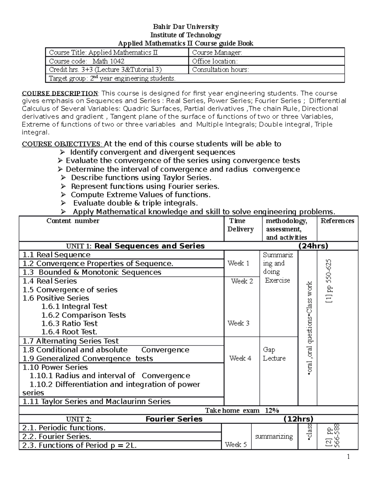 Math 1042 Applied Math II - Bahir Dar University Institute of Technology Applied Mathematics II ...