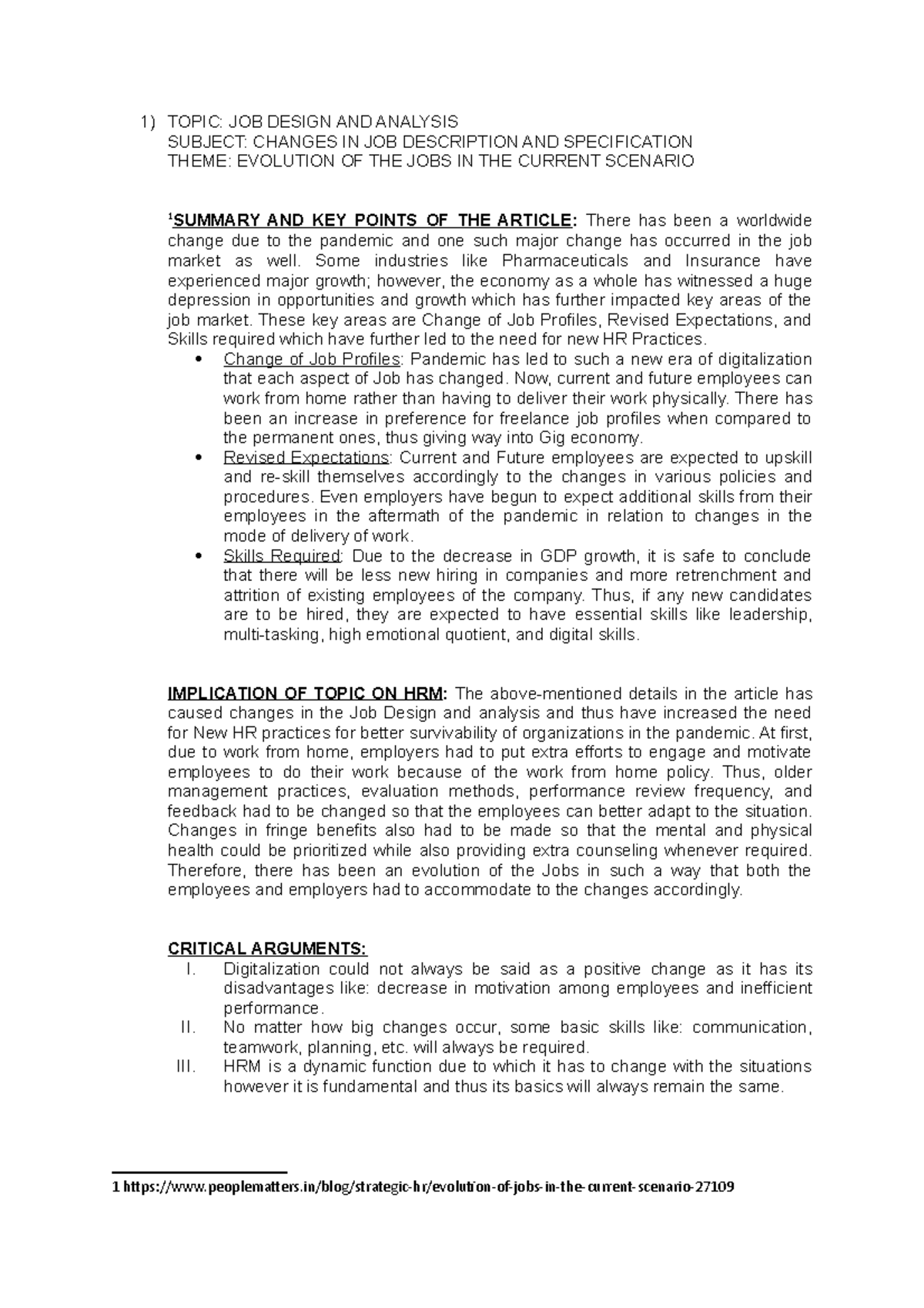 HRM Assignment - ARTICLES AND EXPLANATION - 1) TOPIC: JOB DESIGN AND ...