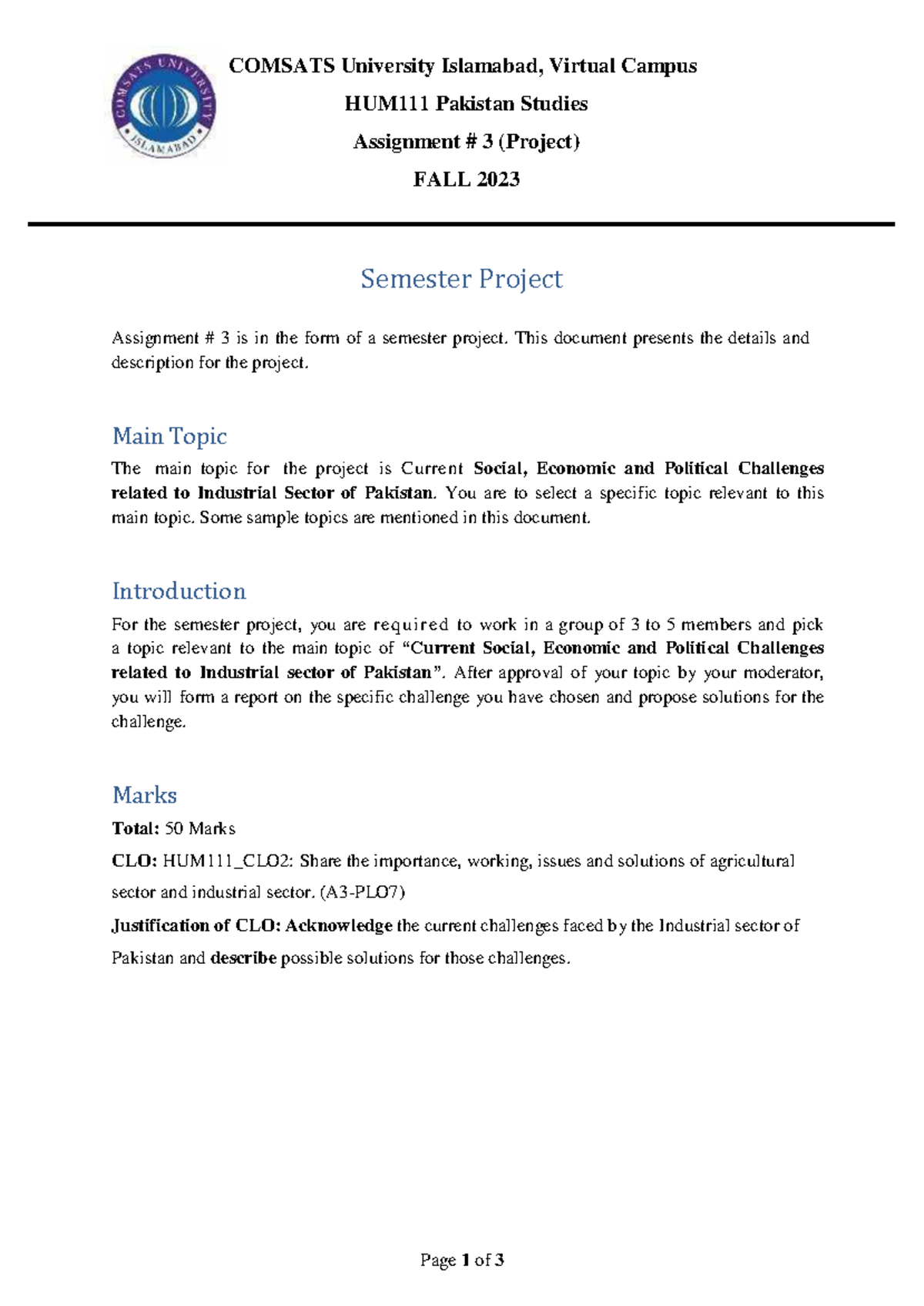 FA23 HUM111 Assignment 3-Project - COMSATS University Islamabad ...