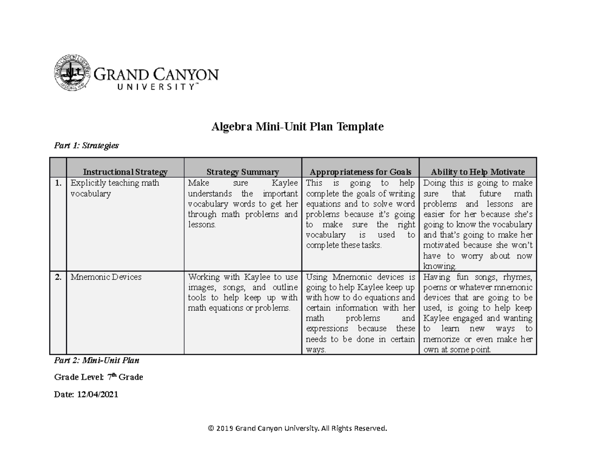 SPD-470-D-T7-Algebra Unit Plan BAR Template - Algebra Mini-Unit Plan ...