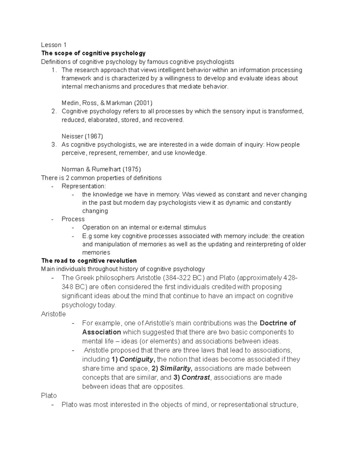 PS260 - notes for midterm1 - Lesson 1 The scope of cognitive psychology ...