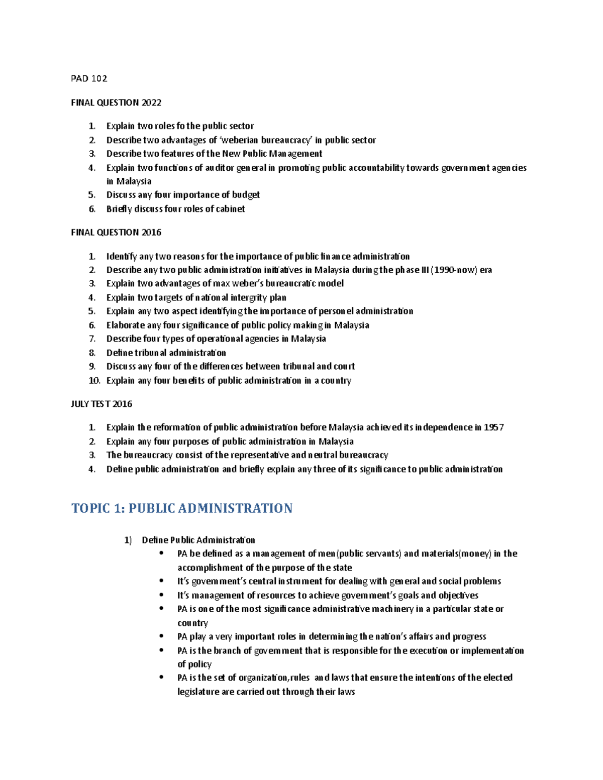 PAD 102 - intro to public administration - PAD 102 FINAL QUESTION 2022 Explain two roles fo the ...