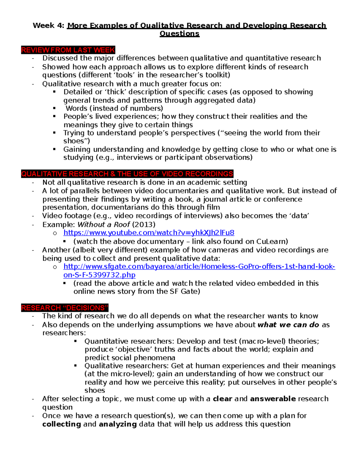 Week 4 - More Examples of Qualitative Research and Developing Research ...