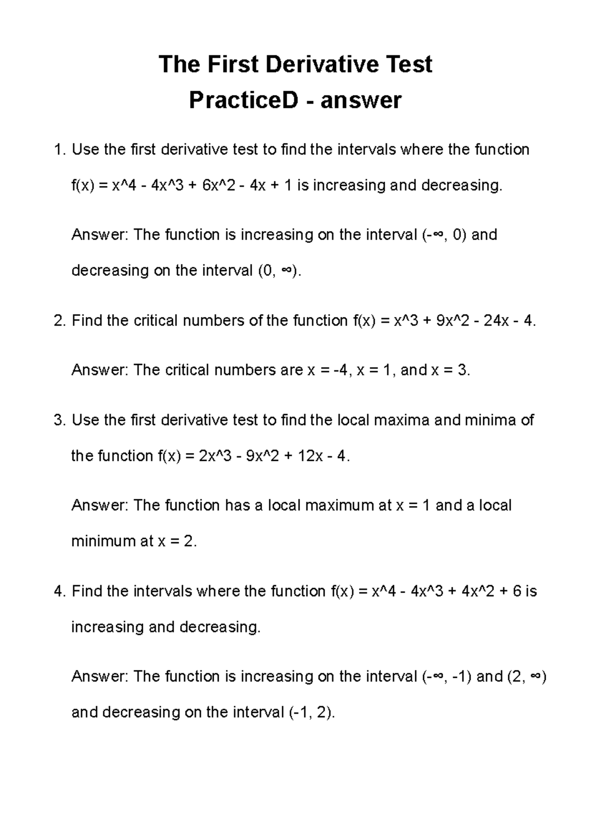 The First Derivative Test Practice D - answer - The First Derivative ...