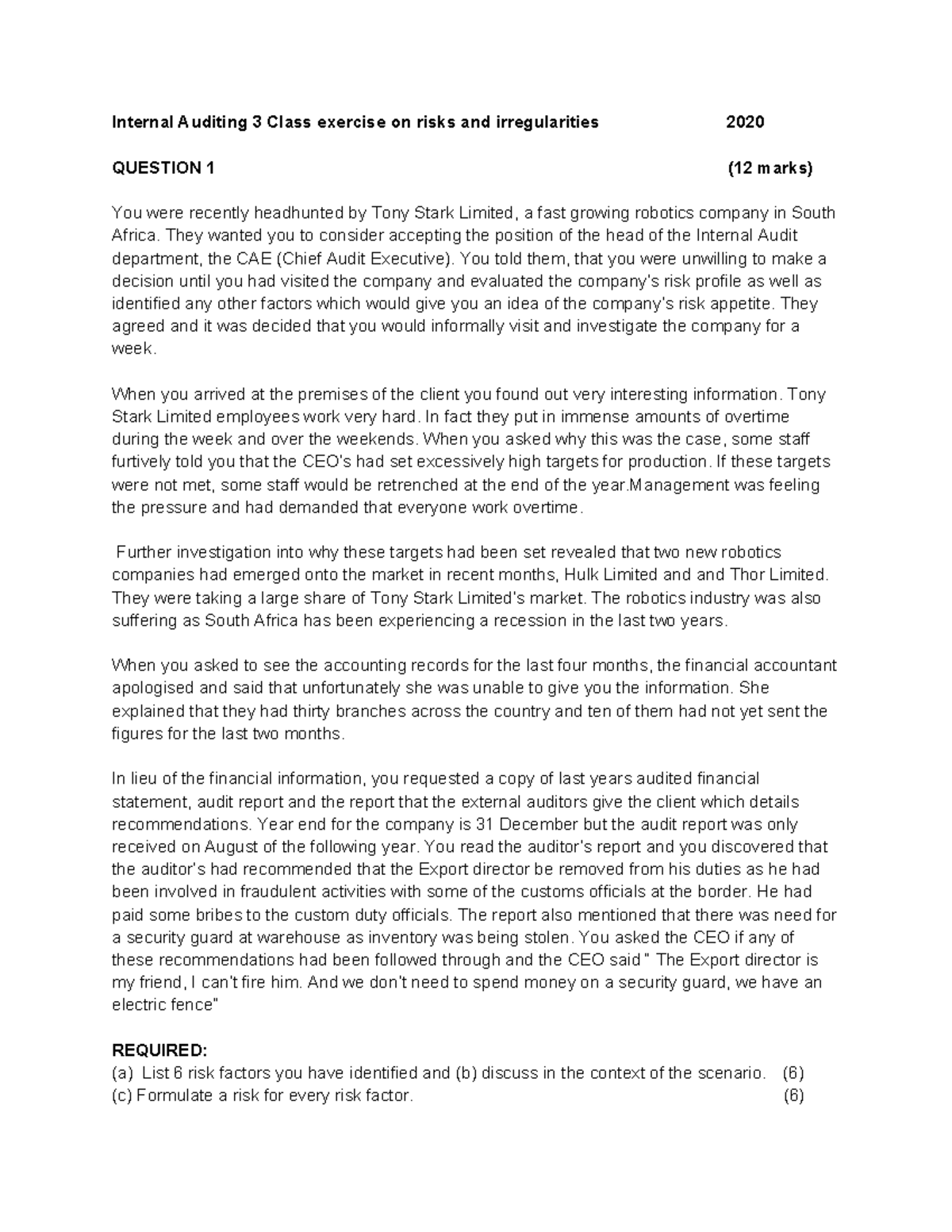 Class exercise risk factors and red flags with solution - Internal ...