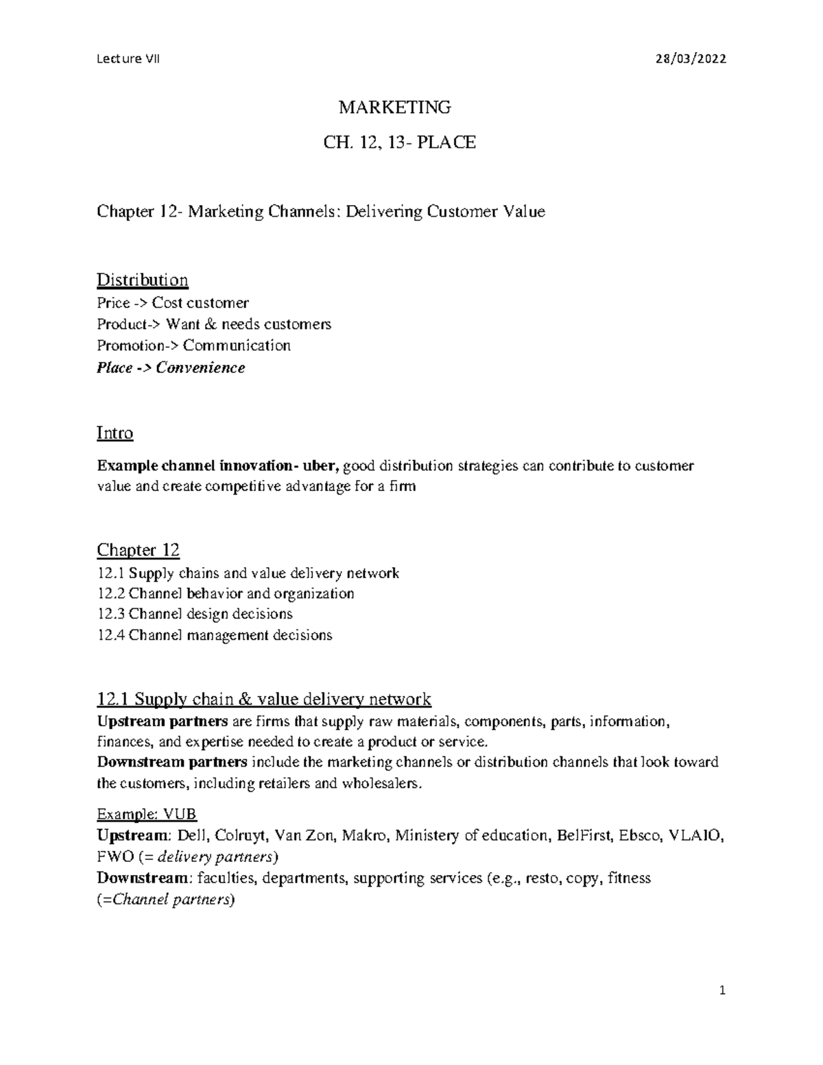 Marketing CH. 12+13 - MARKETING CH. 12, 13- PLACE Chapter 12- Marketing ...