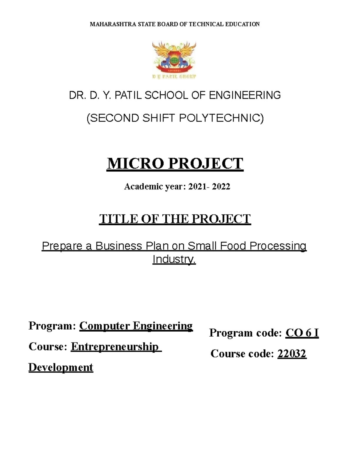 Entrepreneurship development micro project - MAHARASHTRA STATE BOARD OF TECHNICAL EDUCATION DR ...
