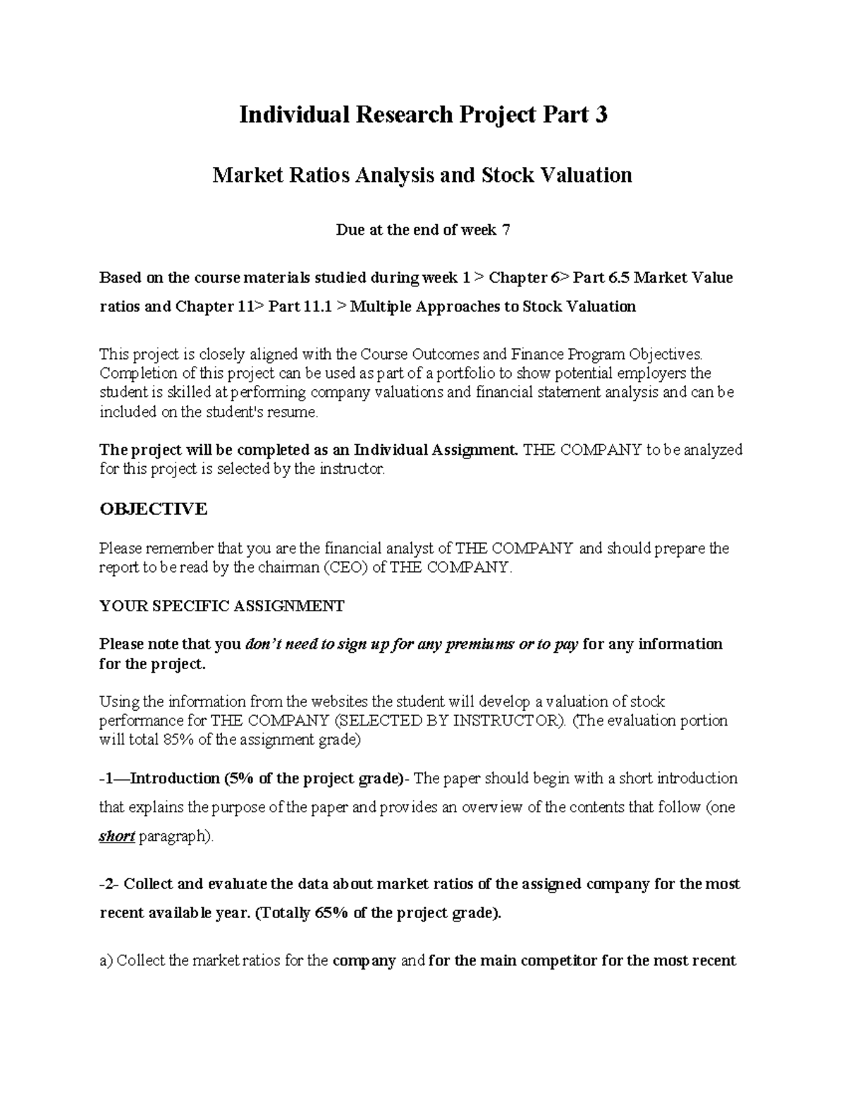Individual Research Project Stage 3 - Individual Research Project Part 3 Market Ratios Analysis ...