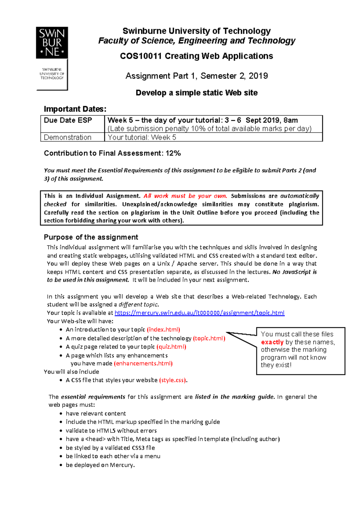 COS10011 A1 2019 S2 - assignment 1 sheet - Warning: TT: undefined function: 32 Swinburne ...