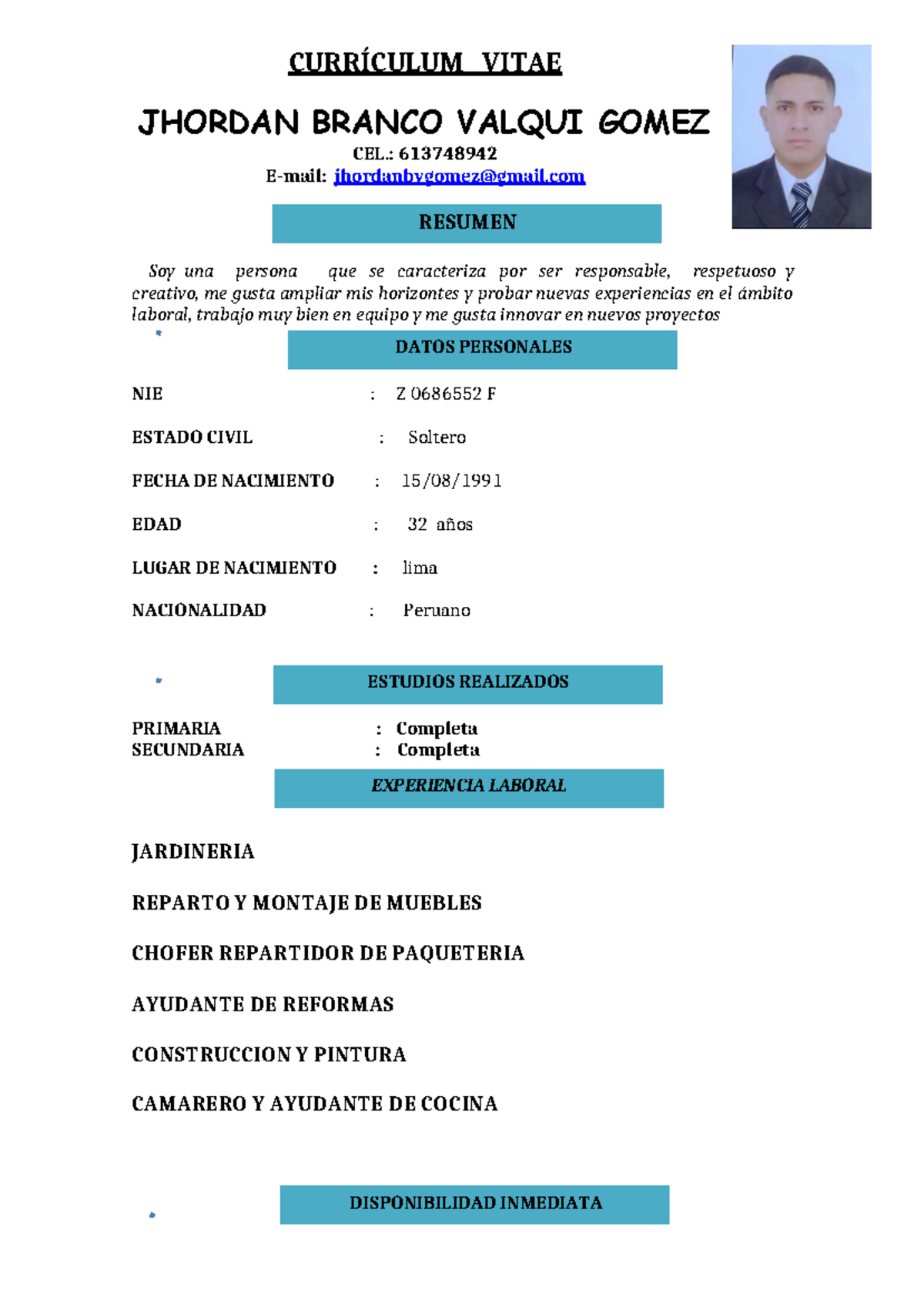 Cv jhordan b - atr - CURRÍCULUM VITAE JHORDAN BRANCO VALQUI GOMEZ CEL ...