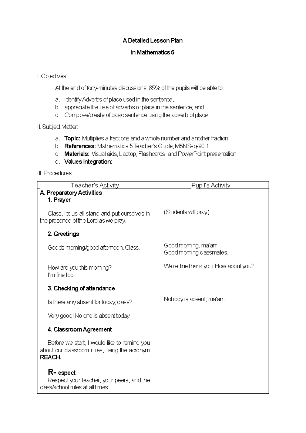 Detailed Lesson Plan in Mathematics 5 - ####### A Detailed Lesson Plan ...