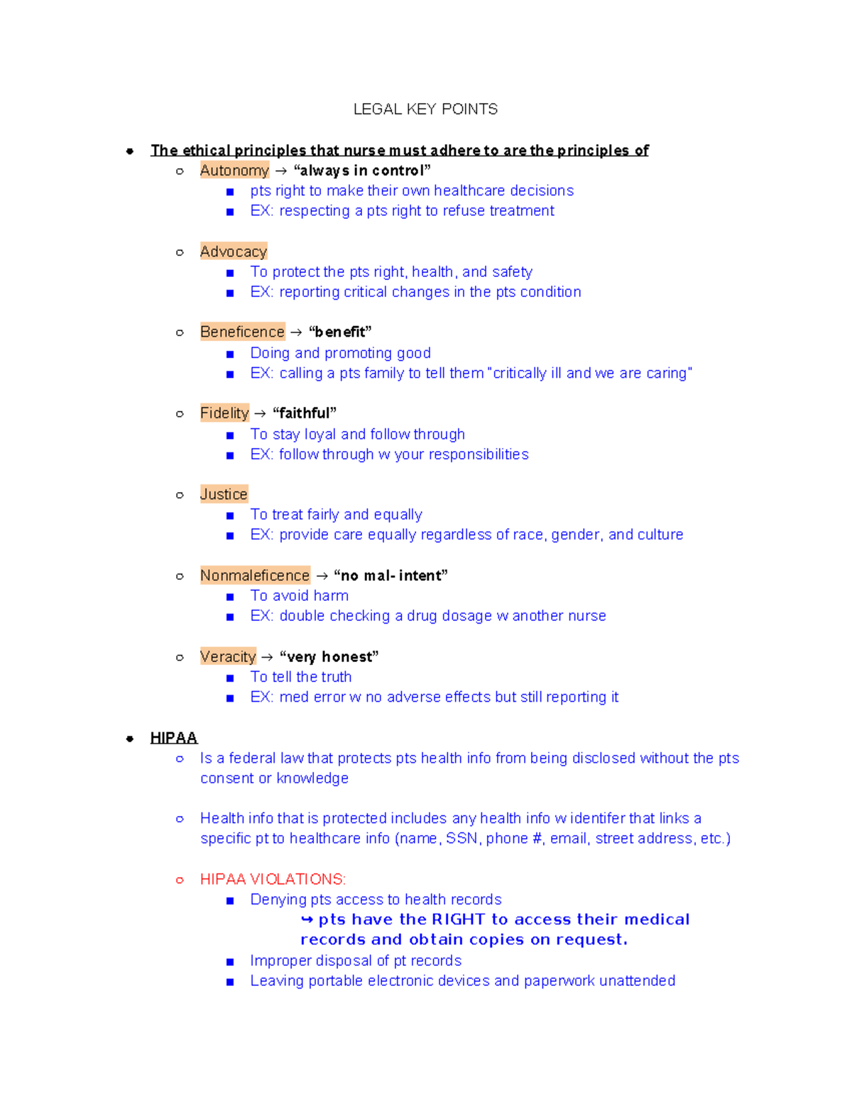 Legal Key Points - LEGAL KEY POINTS The ethical principles that nurse ...