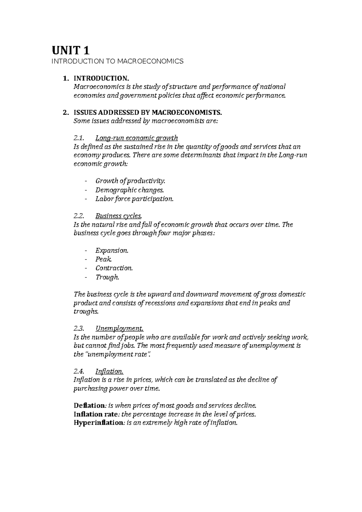 UNIT 1 - apuntes - UNIT 1 INTRODUCTION TO MACROECONOMICS 1 ...
