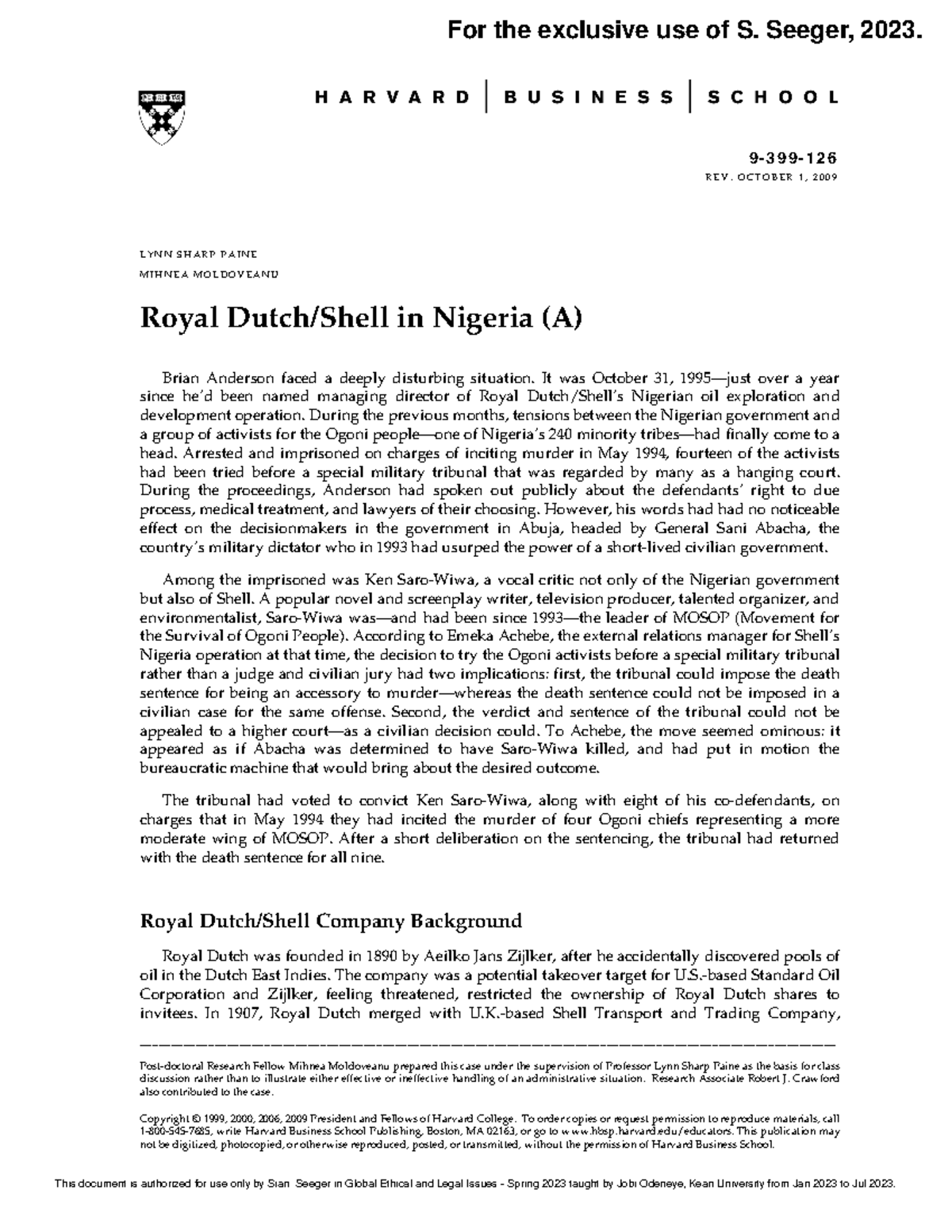 Royal Dutch:Shell in Nigeria (A) - 9 - 3 9 9 - 1 2 6 R E V : O C T O B ...