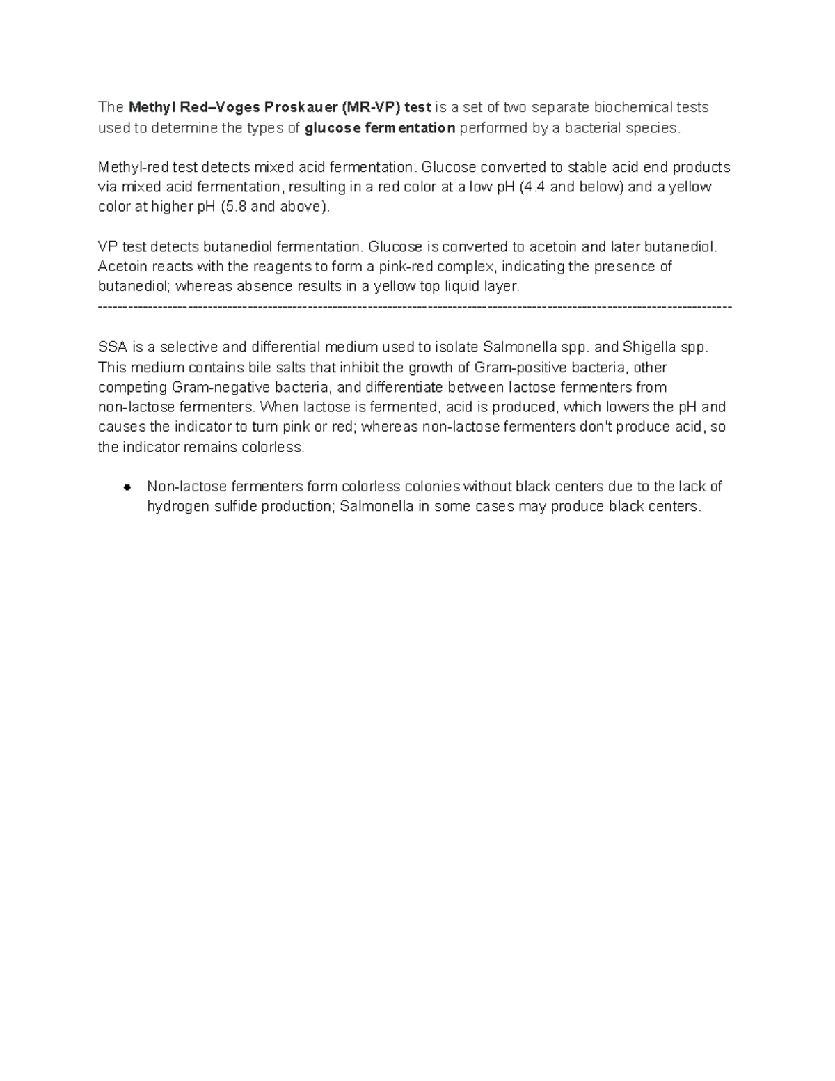 MR-VP and SSA - MR-VP and SSA notes - The Methyl Red–Voges Proskauer ...