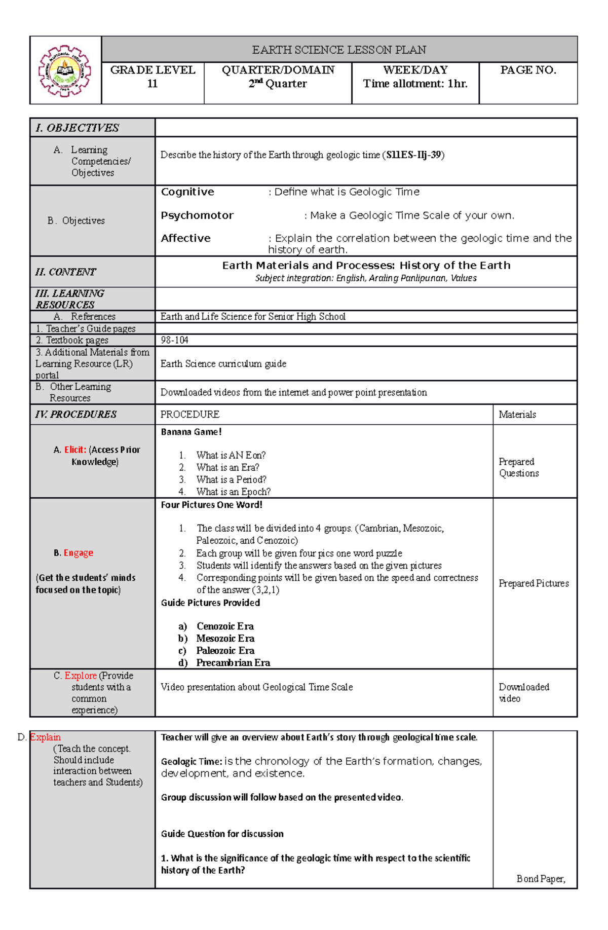 Earthscience Final LP FOR CO1 2021 - EARTH SCIENCE LESSON PLAN GRADE ...