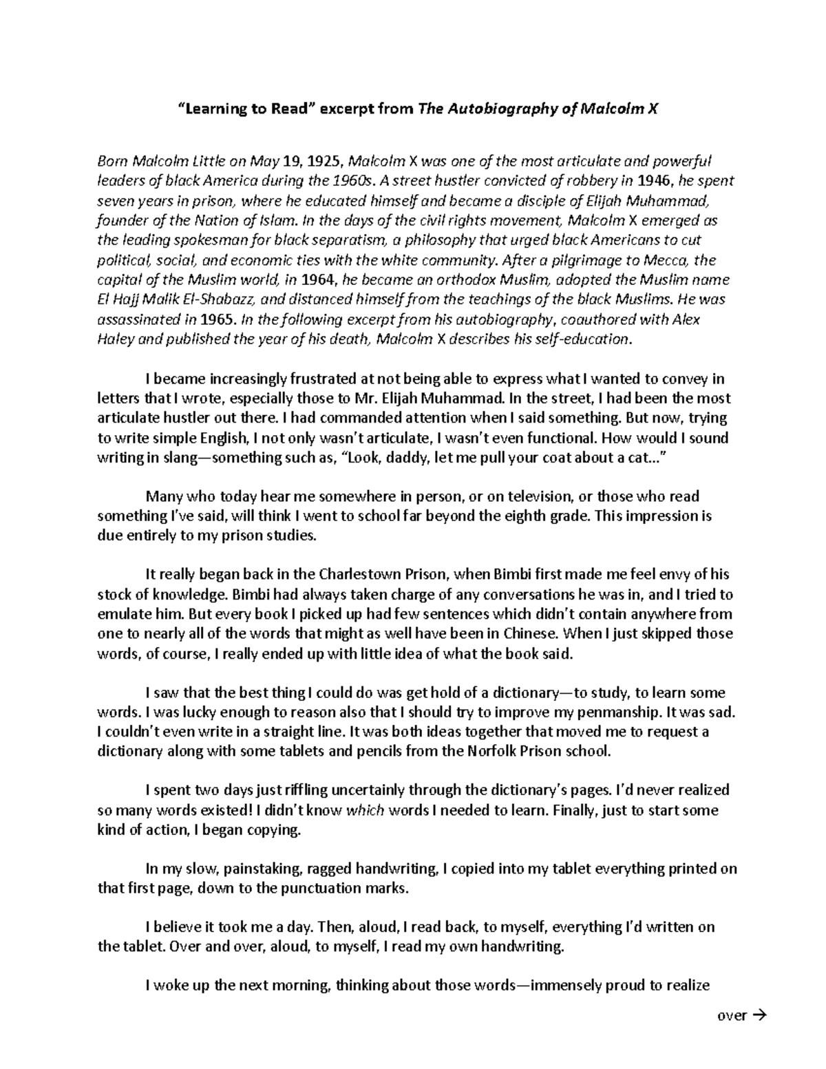 Malcolm X - Required reading for English 101 - “Learning to Read ...