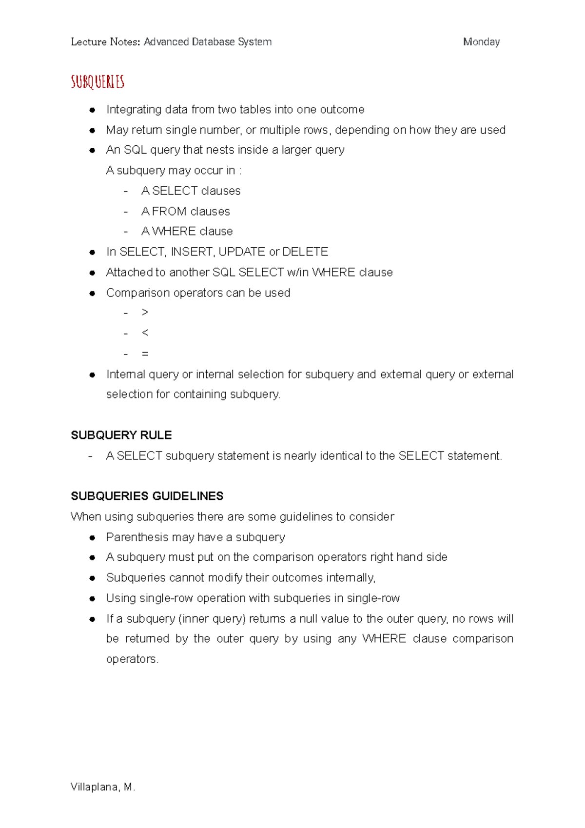 Subqueries Week10 Lecture Notes Subqueries Integrating Data From