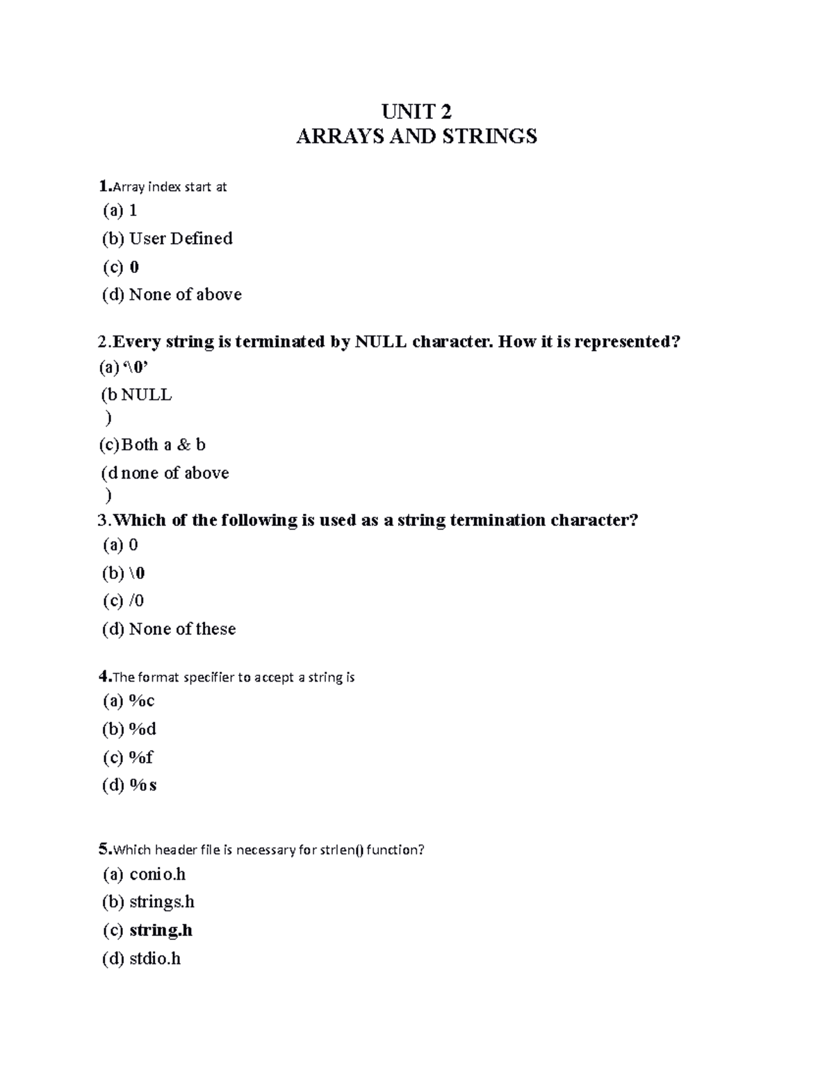 Unit 2 Mcq Unit 2 Arrays And Strings 1 Index Start At A 1 B User