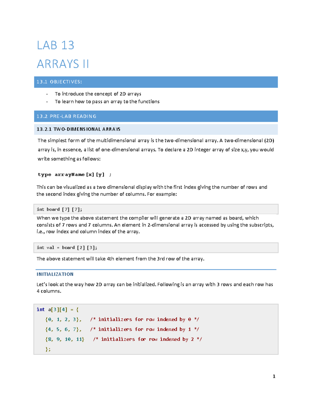 1801 CS100 Lab13 - lab manual - 1 LAB 13 ARRAYS II 13 .1 OB J ECT I V ...