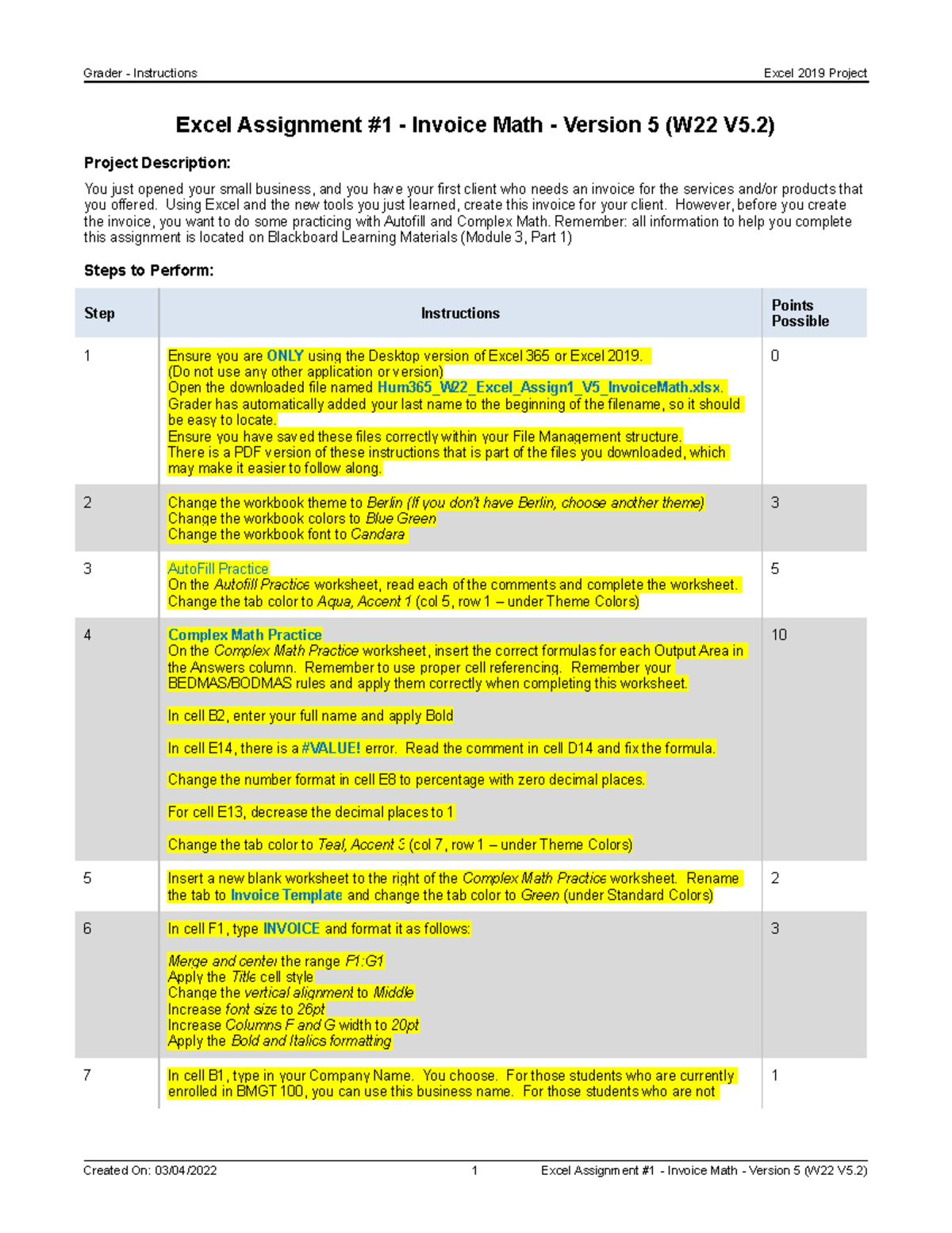 Excel Assignment #1 - Invoice Math - Version 5 (W22 V5 - ACL101 ...
