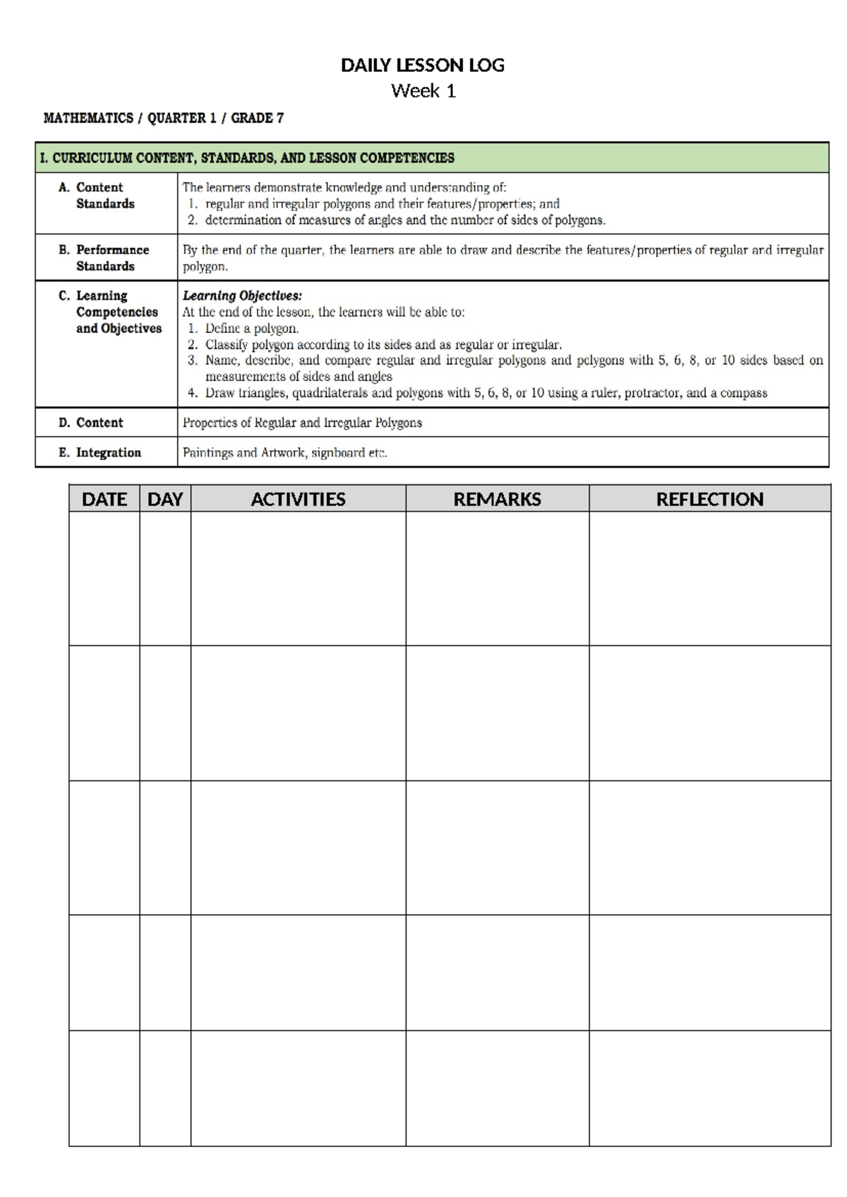 Daily Lesson LOG W1 Matatag - Information and Communication Technology ...