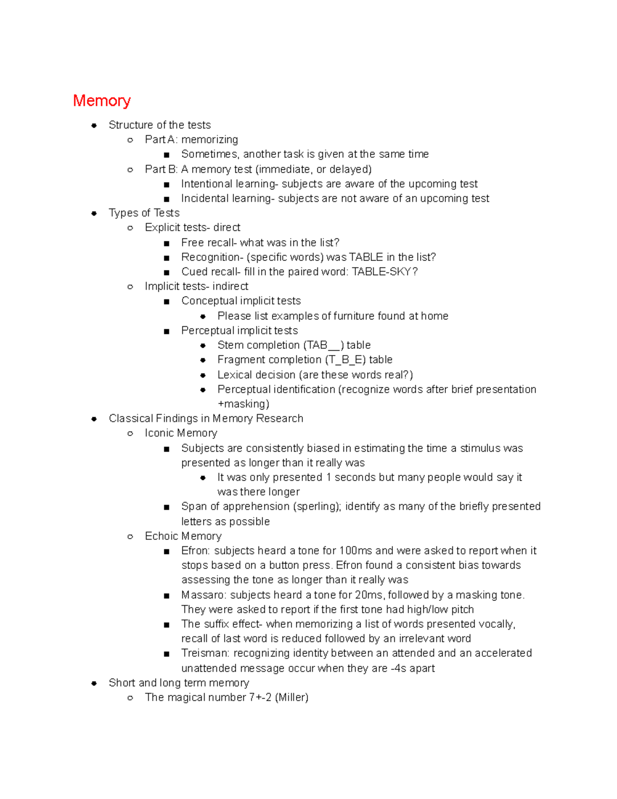 Memory - Lecture Notes - Memory Structure of the tests Part A ...