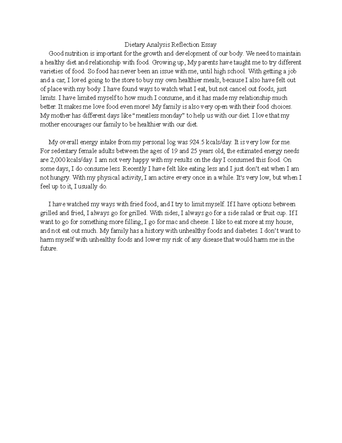 Dietary reflection - Dietary Analysis Reflection Essay Good nutrition ...
