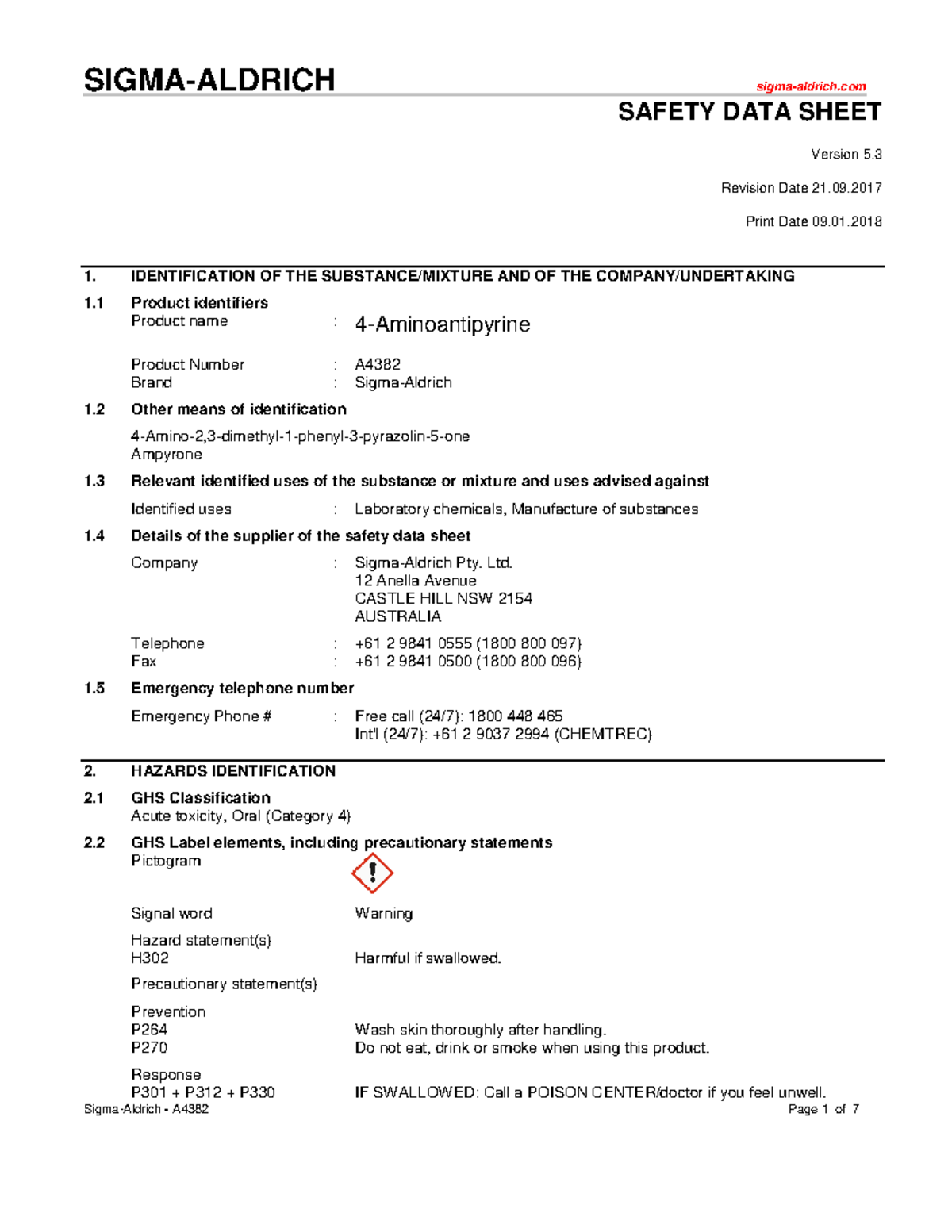 4-AAP MSDS - SIGMA-ALDRICH sigma-aldrich SAFETY DATA SHEET Version 5 ...