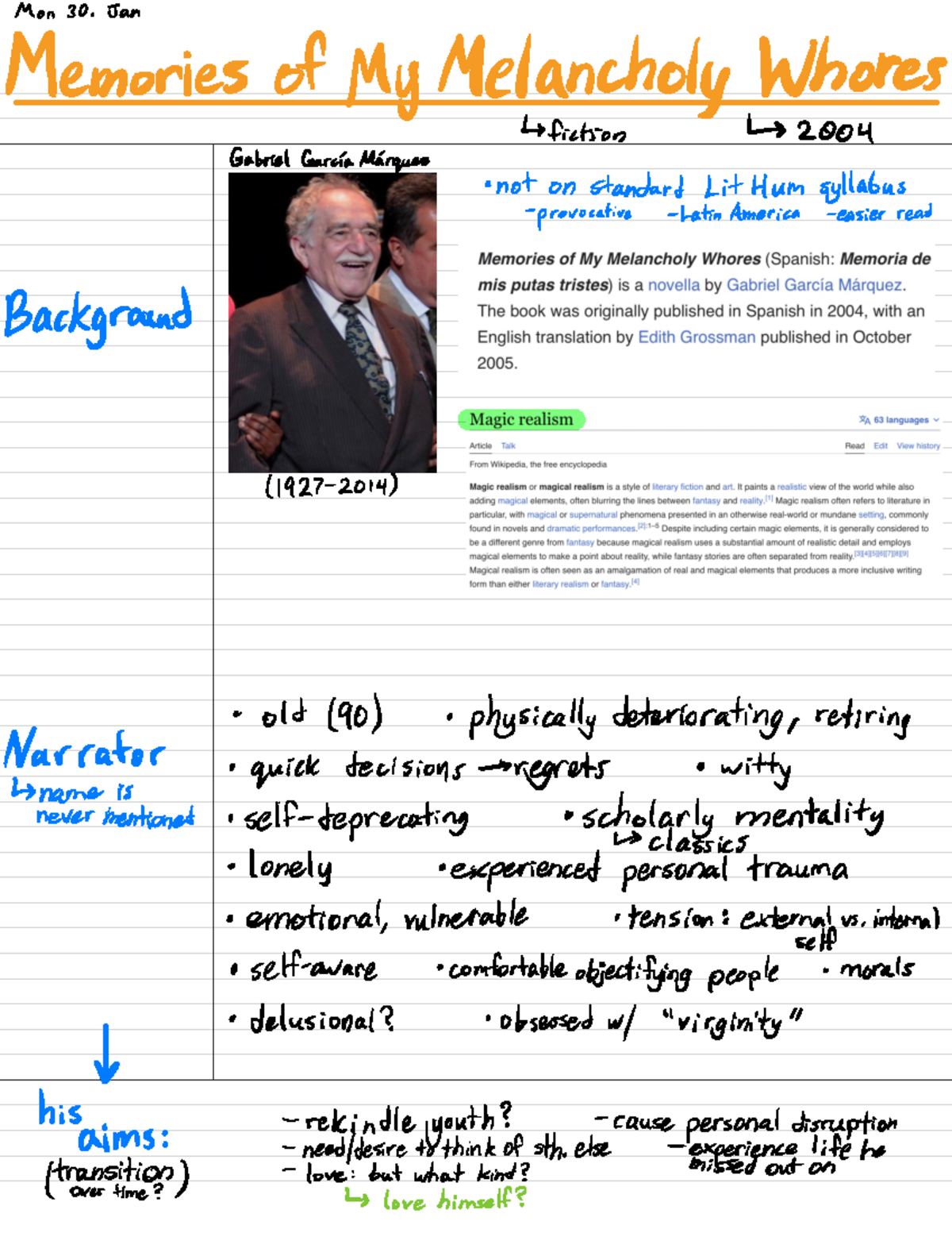 Lit Hum Notes Memories of My Melancholy Whores - Mon 30. Jan Memories ...