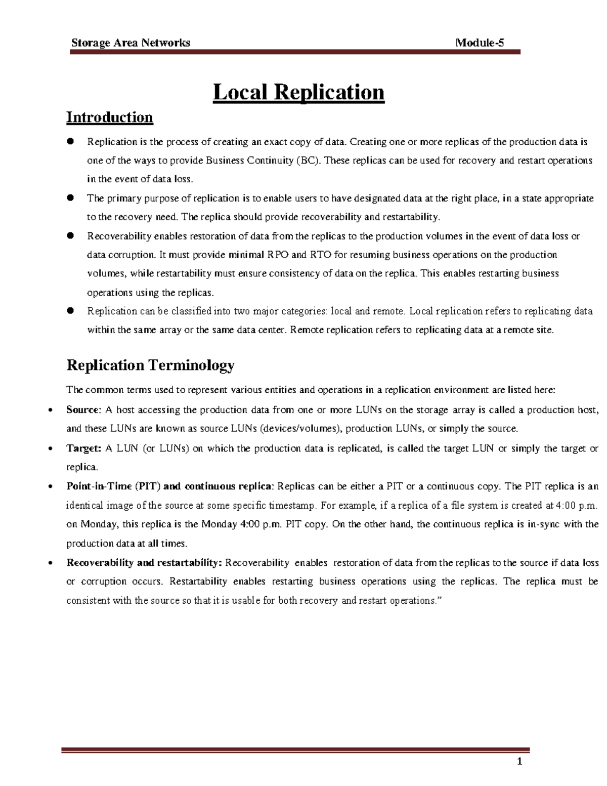 SAN module 5 - storage area network - Introduction Local Replication ...