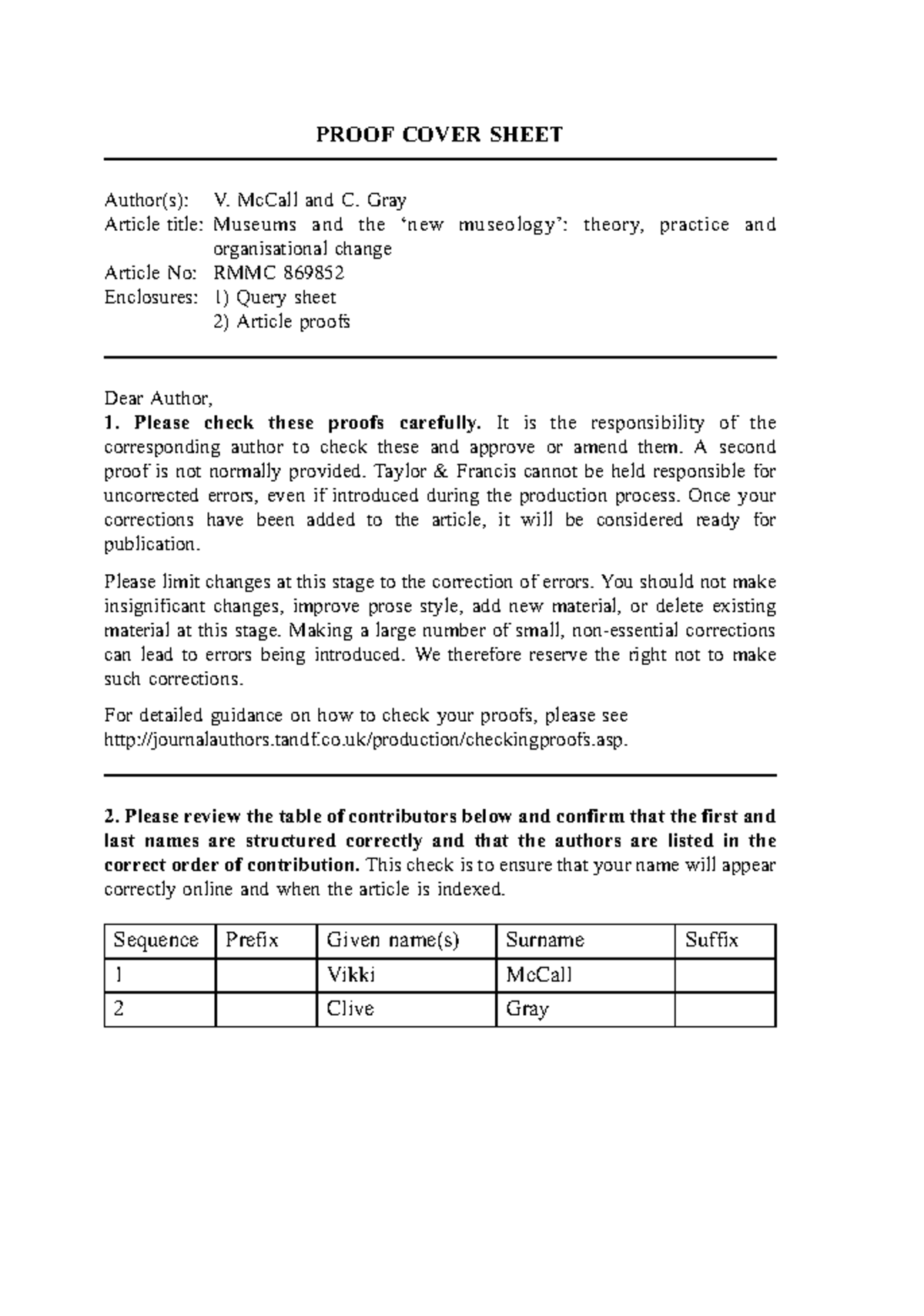 New museology article - Trade EMI - PROOF COVER SHEET Author(s): V. McCall and C. Gray Article ...