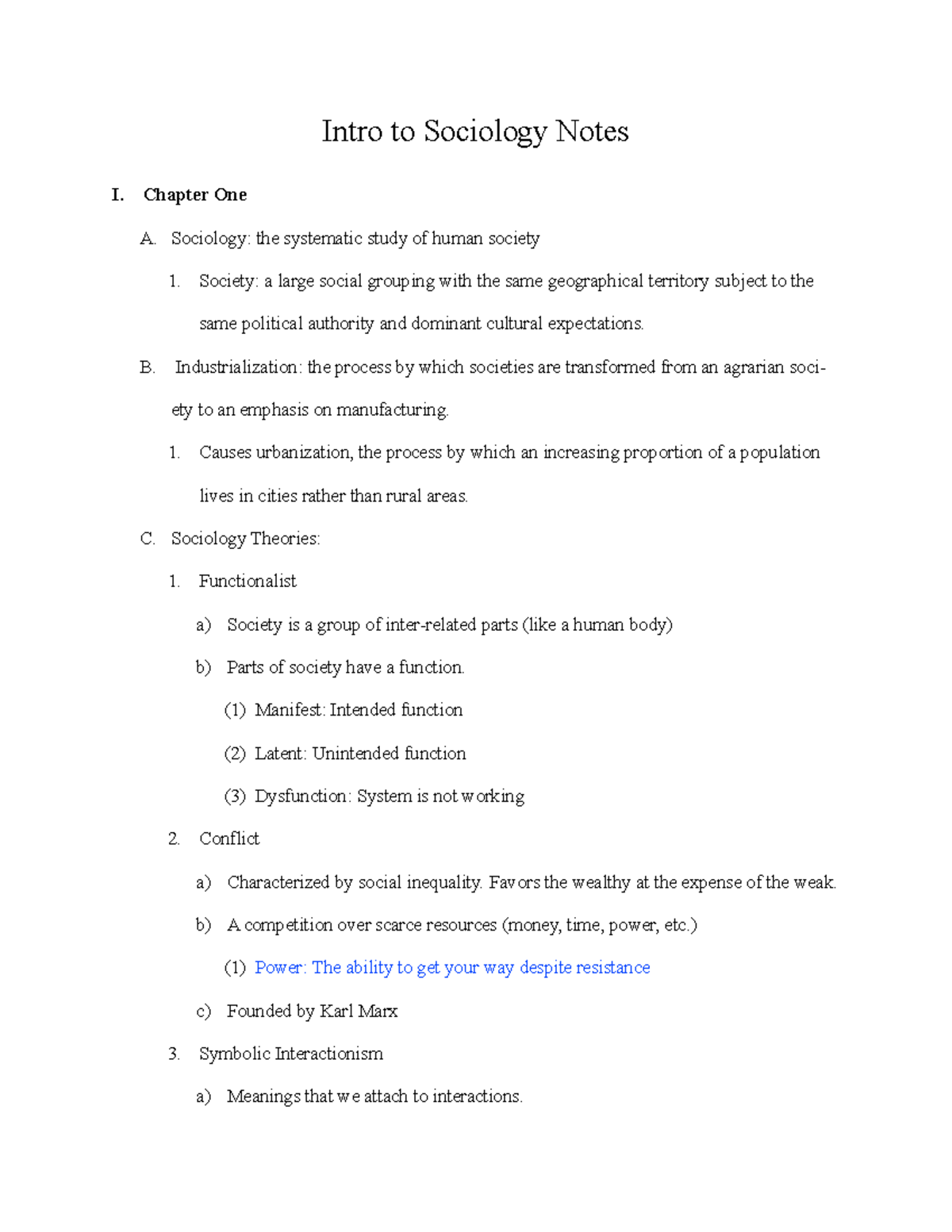 Sociology Notes - Chapter One A. Sociology: the systematic study of ...