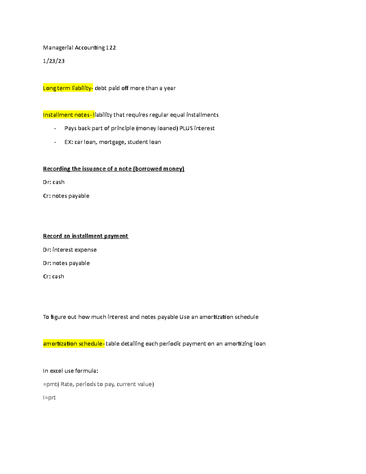 Managerial Accounting Notes - Managerial Accounting 122 1/23/ Long term ...