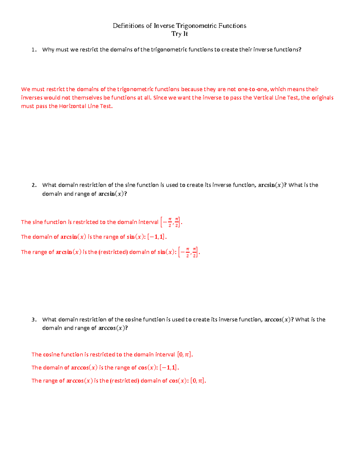 Try It Answer Key 1 - trig domains key - Definitions of Inverse ...