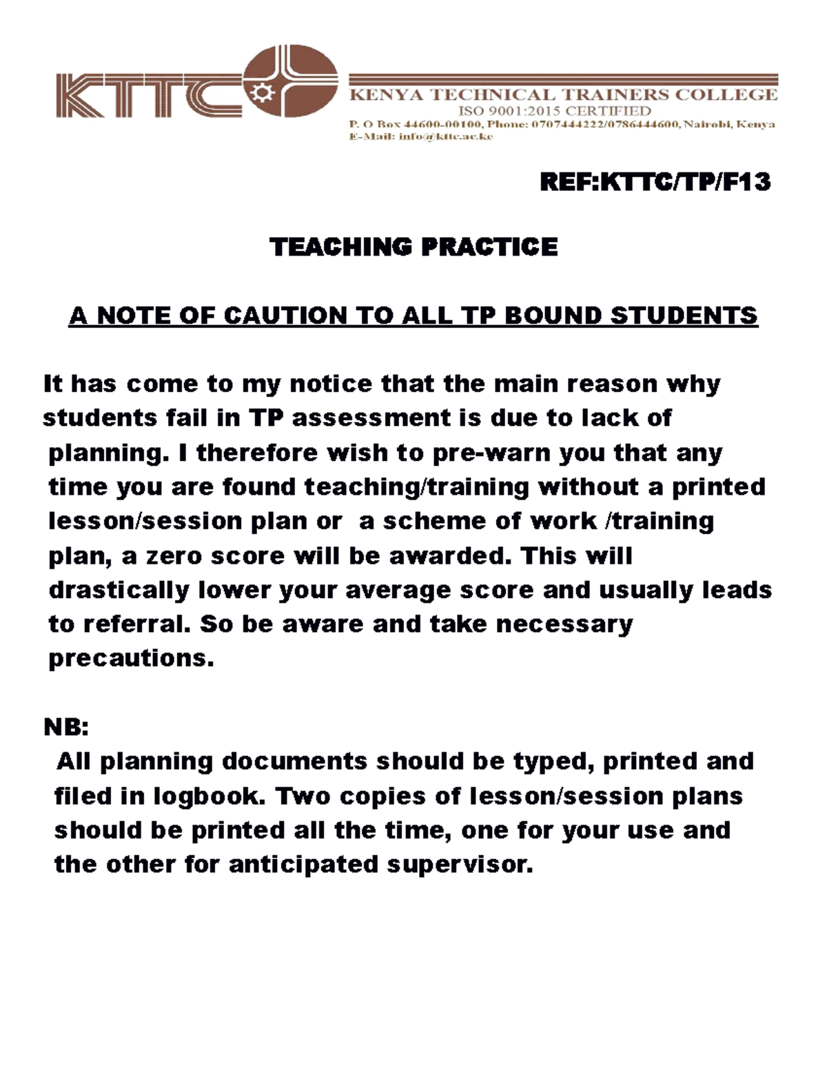TP Forms Sept - December 2022 - REF:KTTC/TP/F TEACHING PRACTICE A NOTE ...