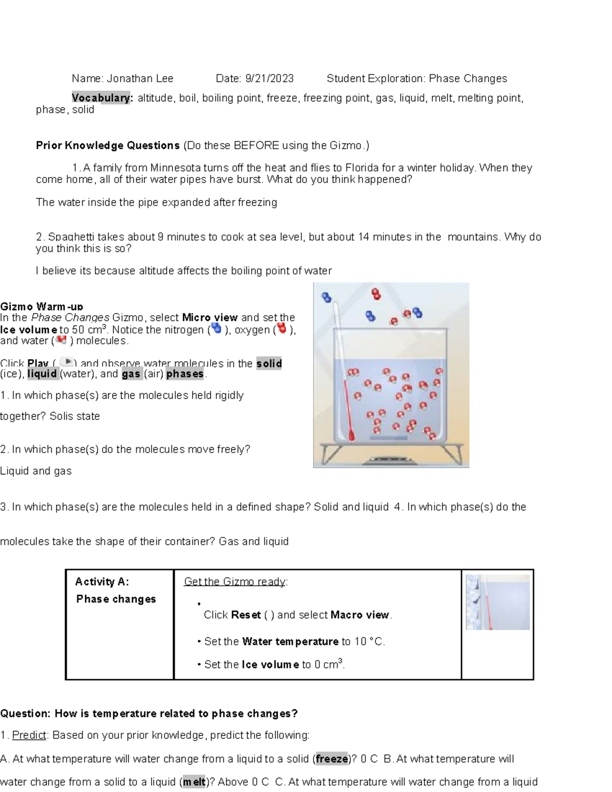 Student Exploration Phase Changes - Name: Jonathan Lee Date: 9/21/2023 ...