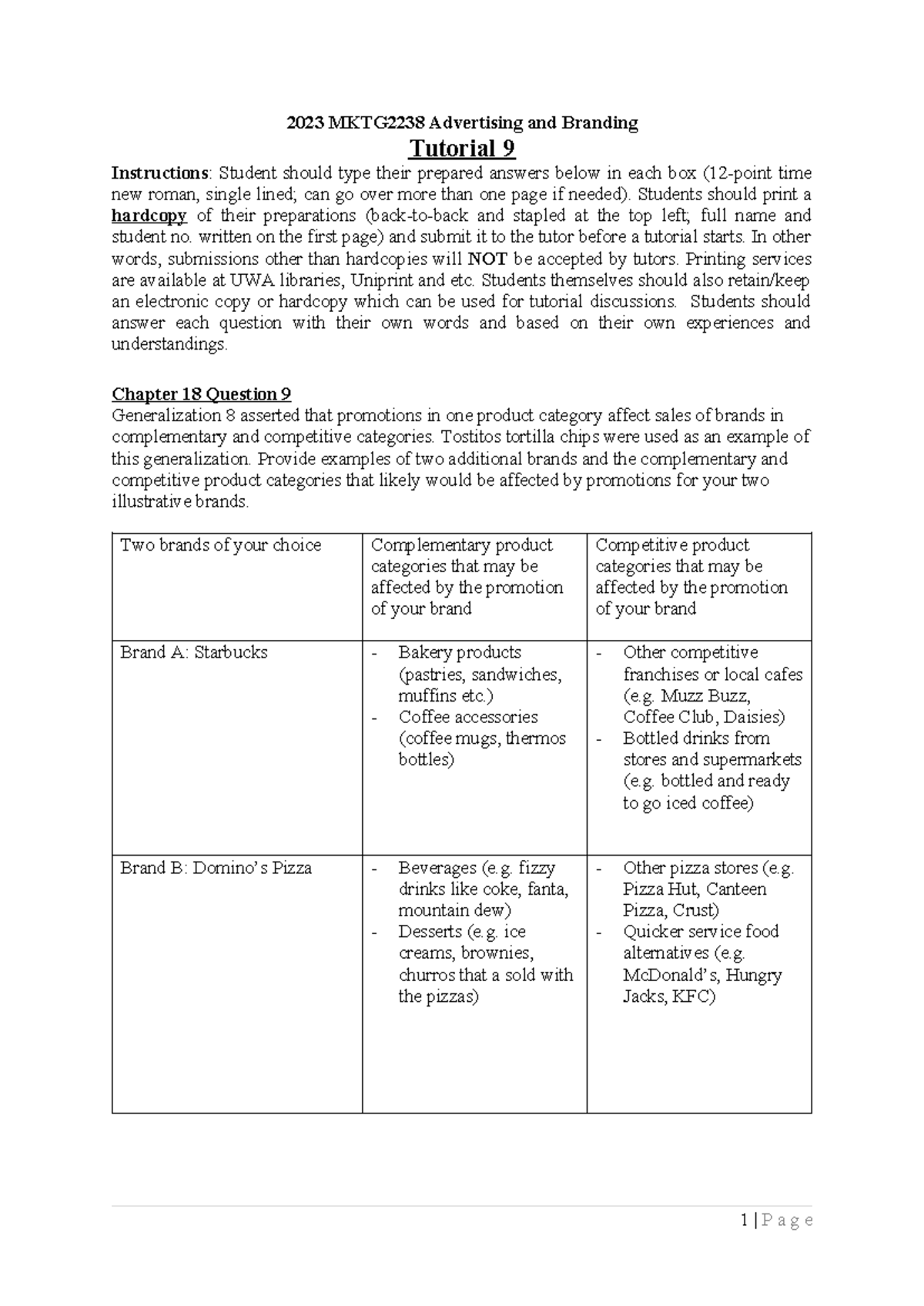 AD Tute 9 - Tutorial work week 9 - 2023 MKTG2238 Advertising and ...