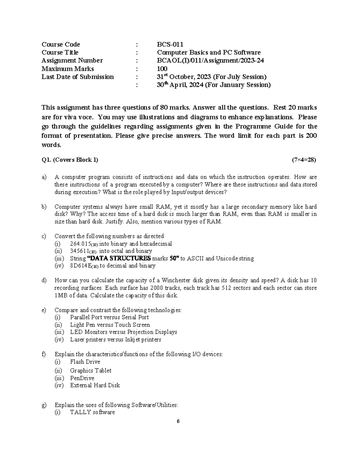 BCS-011 - Assignments - 6 Course Code : BCS- Course Title : Computer ...